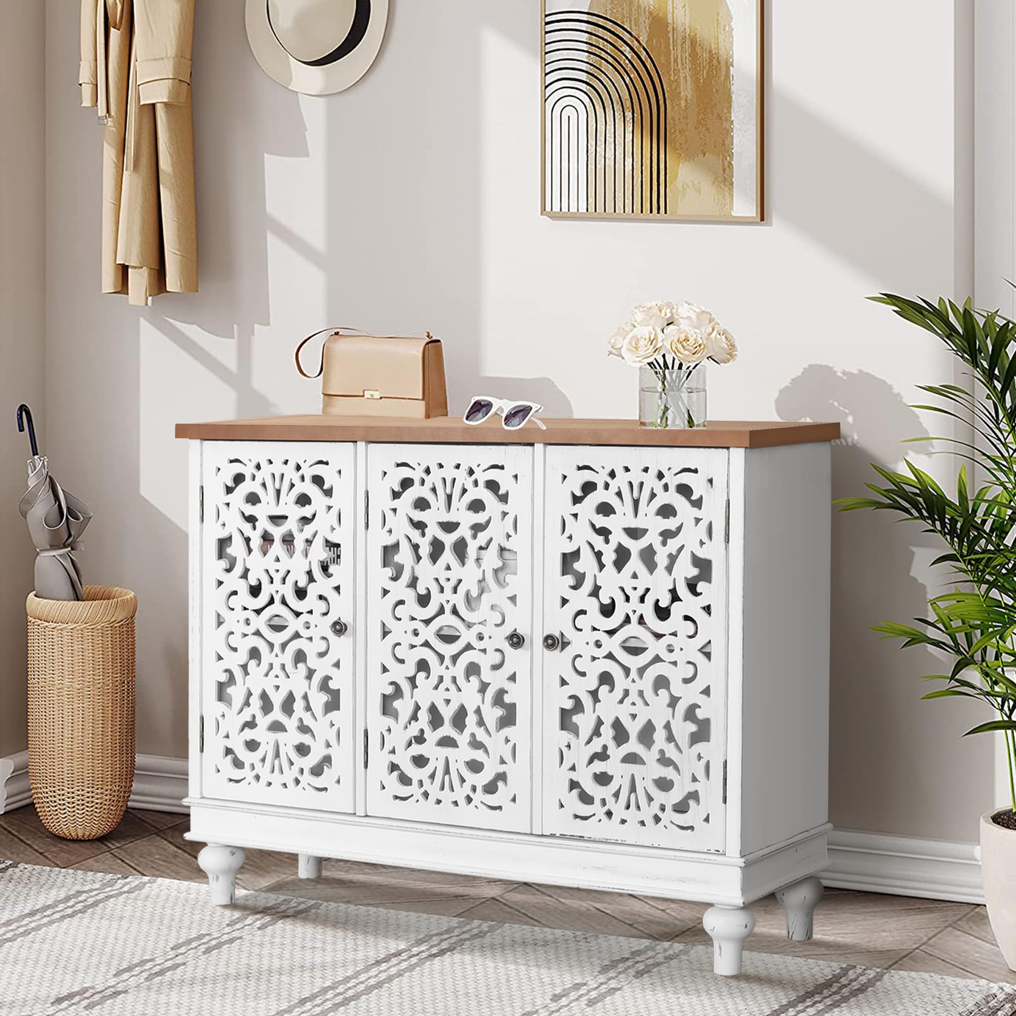 Sophia & William Sideboard and Buffet with Storage, 3-Door Hollow-Carved Accent Cabinet, Distressed Wood Storage Cabinet Cupboard for Kitchen, Dining Room, Living Room, Entryway, White