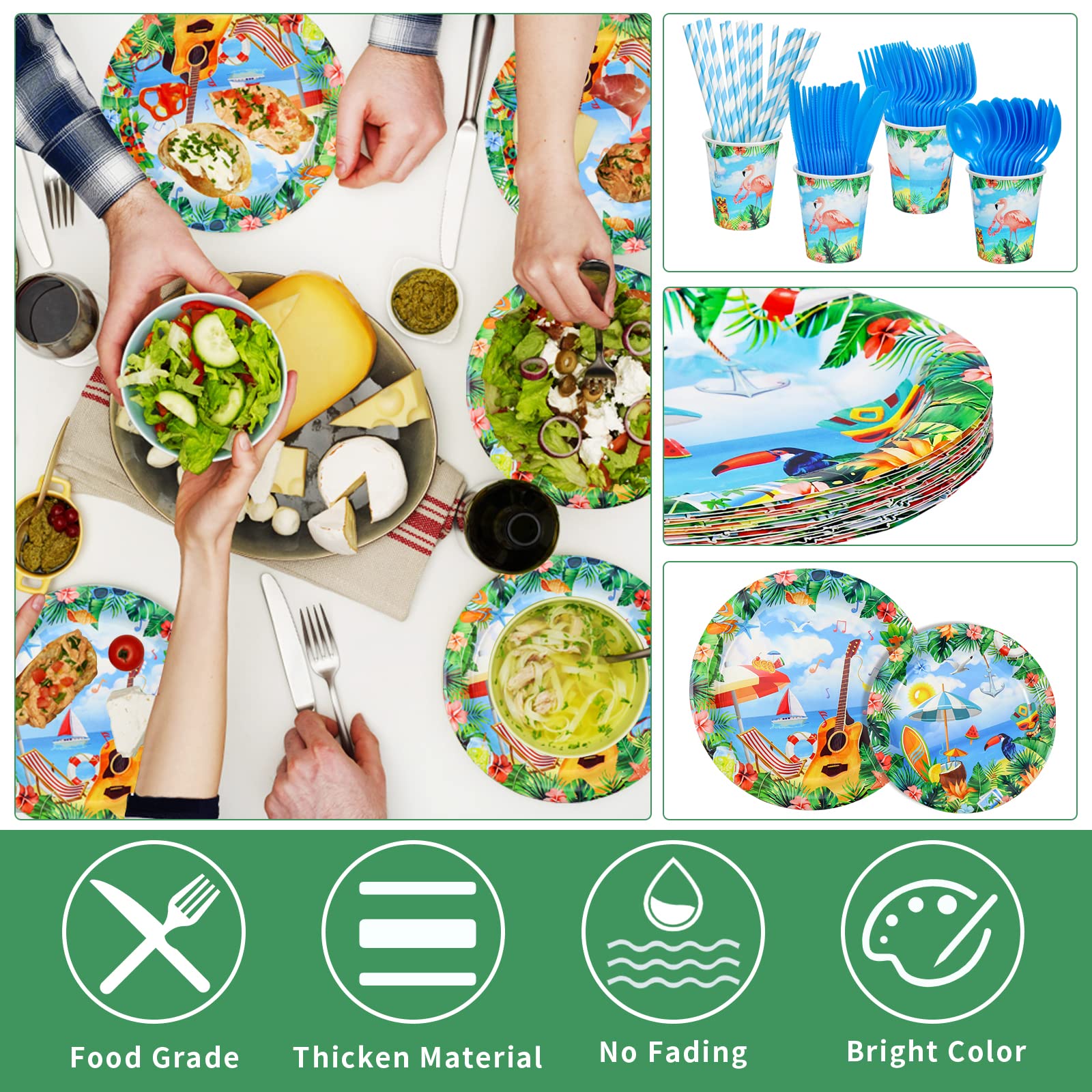 SelfTek Hawaiian Tropical Luau Party Decorations Supplies, 133 Pcs Aloha Birthday Disposable Dinnerware Set (16 Guests) With Tablecloth, Plates Cups Napkins Fork Knives Spoon for Beach Party