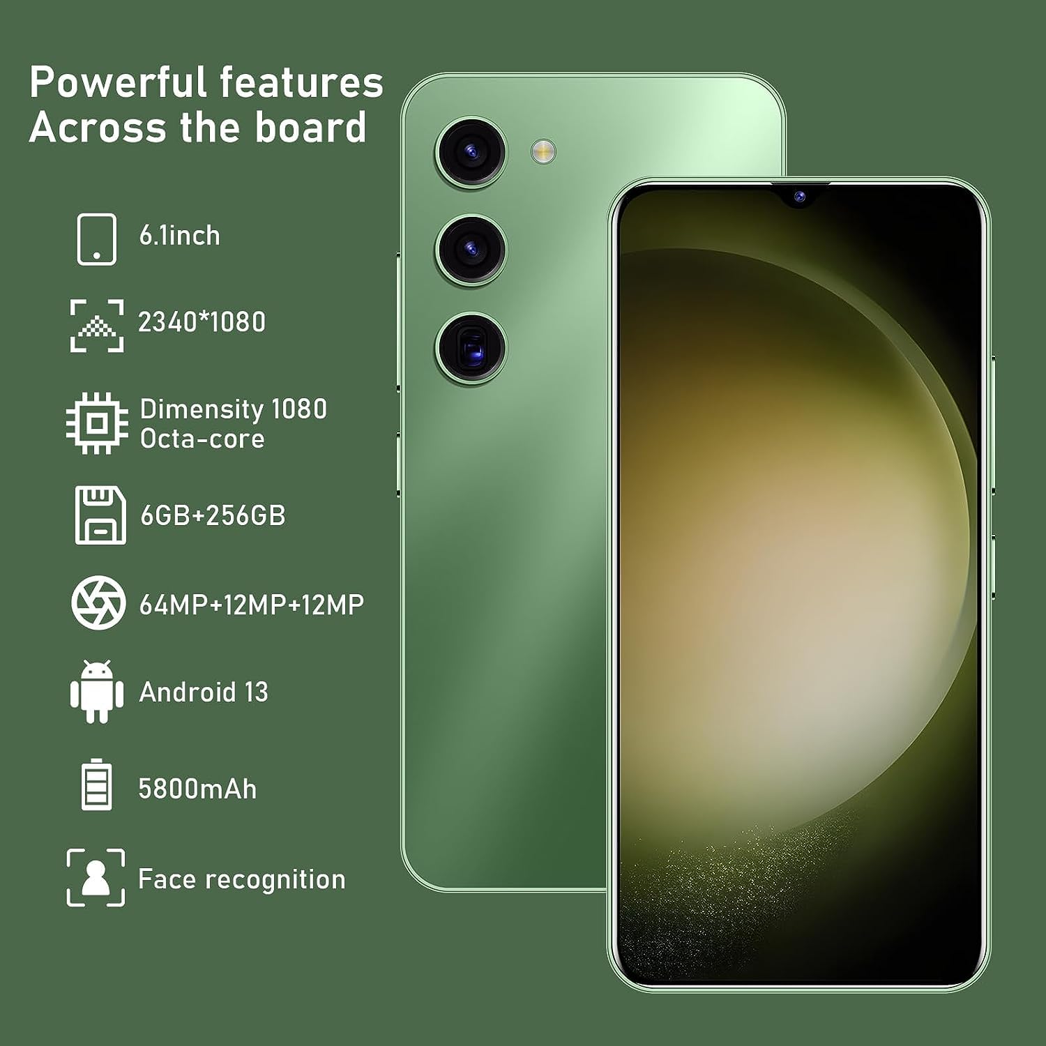 SANSHREUNI C23 Android 13 Phone Unlocked, 6GB+256GB Unlocked Cell Phones, 6.1" FHD+ Display 120HzD, Octa-Core CPU, 64MP Main Camera, 5800mAh Battery, Dual SIM, GPS, Face ID 5G Smartphone (Green)