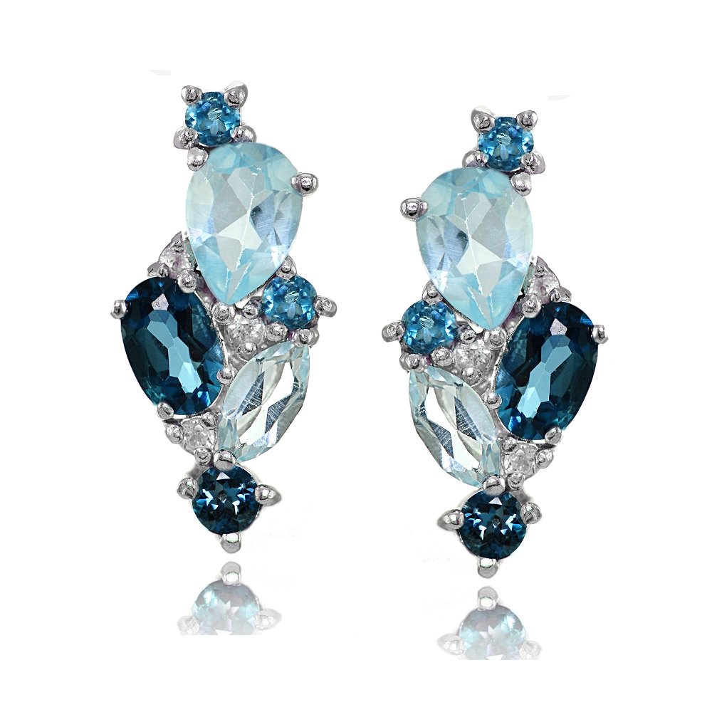 Sterling Silver London Blue, Blue Topaz, and White Topaz Cluster Tonal Drop Earrings