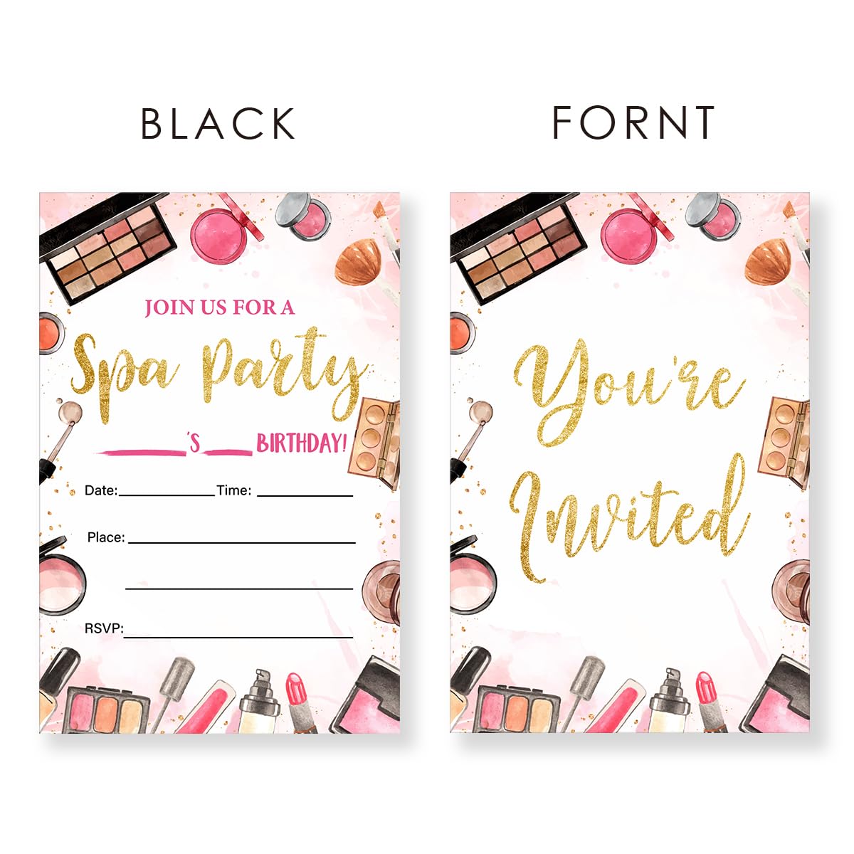 Spa Party Birthday Invitations With Envelopes Set of 20, Glam Makeup Slumber Spa Birthday Party Fill in Invites Cards (Double Sided)