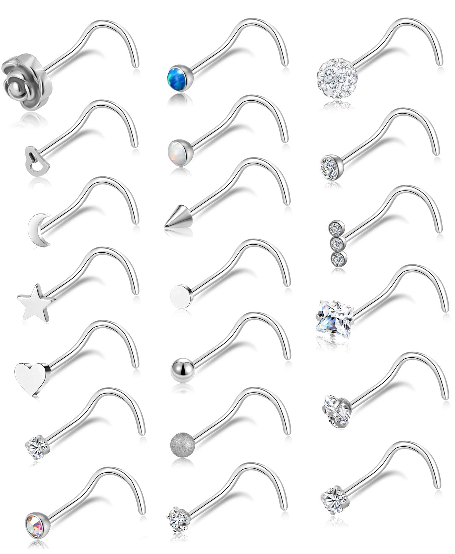 Tornito 20G 20Pcs Nose Ring CZ Nose Stud Retainer Screw Labret Nose Piercing Jewelry Set Stainless Steel Silver Tone