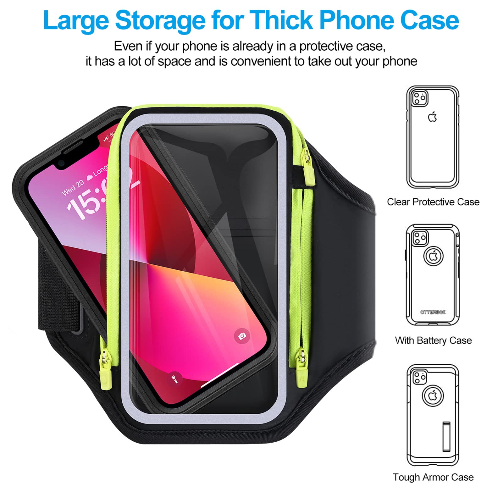Running Phone Holder with Earphone Bag, MR.LUYU Cell Phone Arm Band Case for iPhone 15 14 13 12 11 Plus Pro Max Galaxy S23 S22 Ultra, Waterproof Armband Belt with Adjustable Strap Car Key Pocket