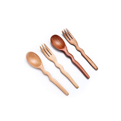 SEWALL 4 Pcs,Wooden Fork Spoon Wavy Shape Dessert Fork Spoon Portable Travel Spoon Reusable Food Fork Spoon Kitchen Accessories