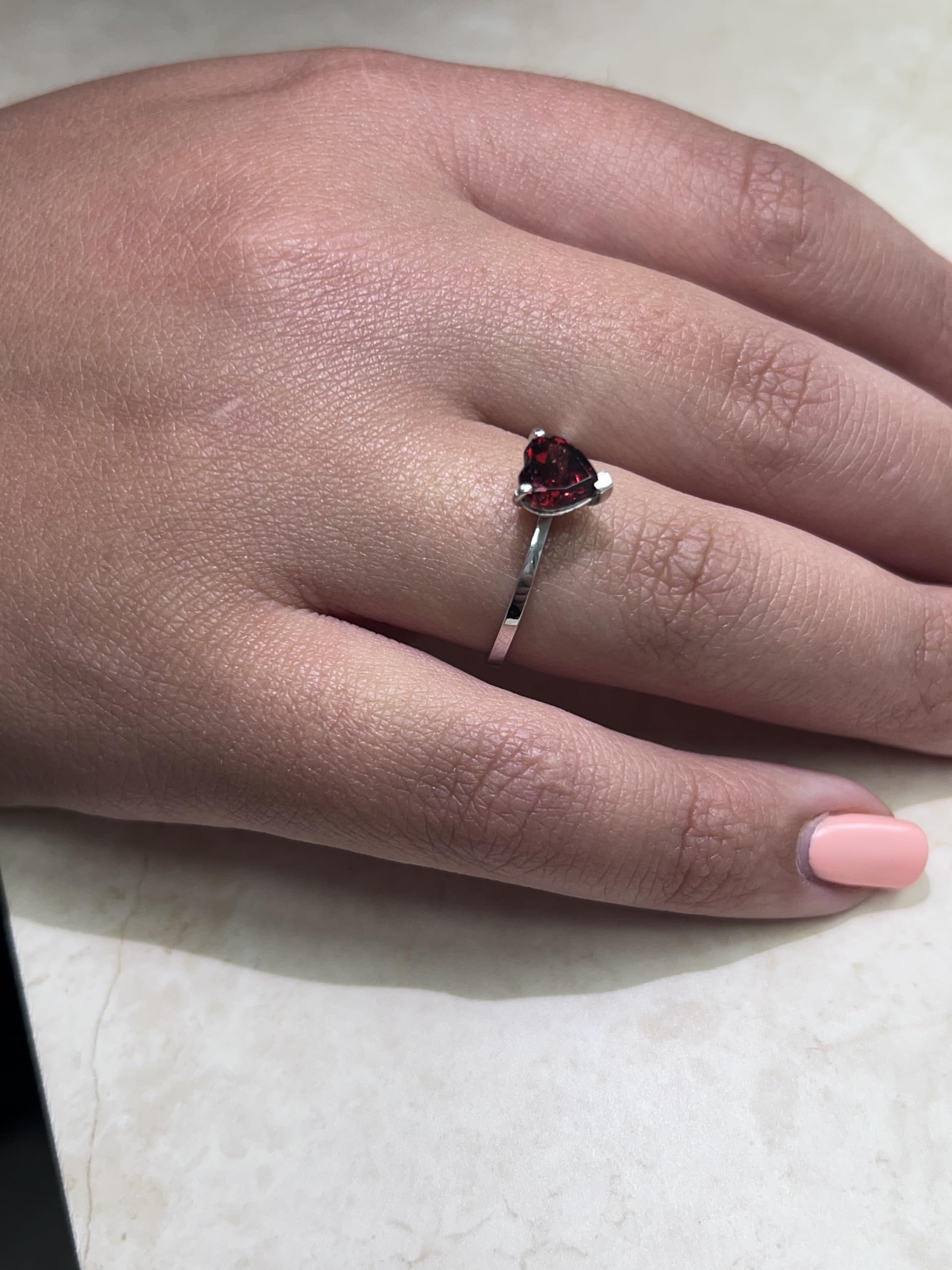 Takar Solid Sterling Silver Solitaire Heart-Shaped Genuine Garnet Ring, Engagement Wedding Band Ring Jewelry for Woman, Made in USA.(Size 10)