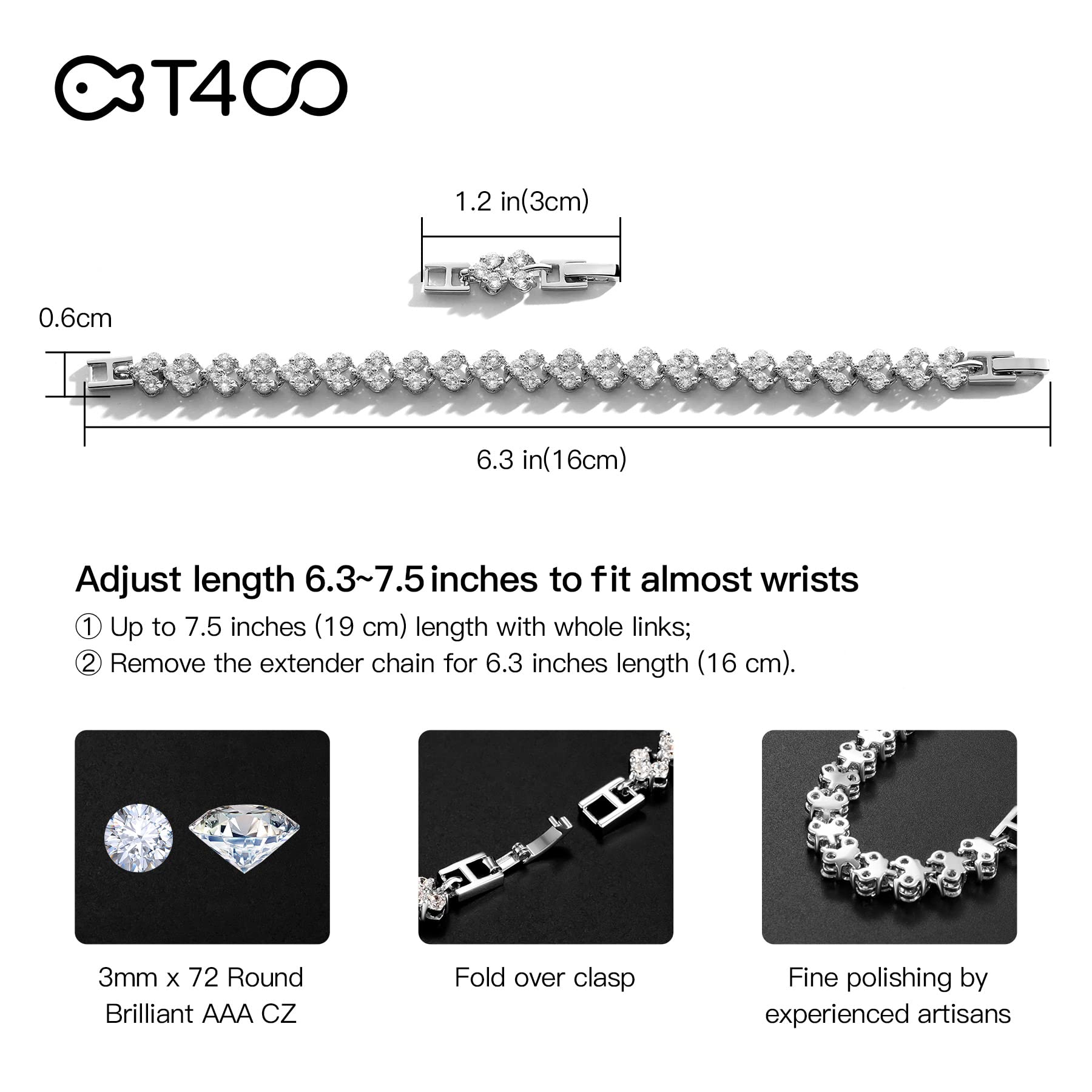 T400 Tennis Bracelet for Women AAA Cubic Zirconia Wedding Gift for Brides Bridesmaid