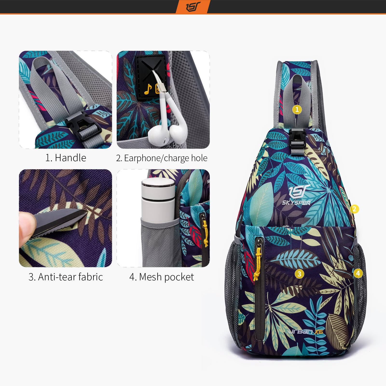 SKYSPER Sling Bag Crossbody Backpack - Chest Shoulder Cross Body Bag Travel Hiking Casual Daypack for Women Men(Leaf)