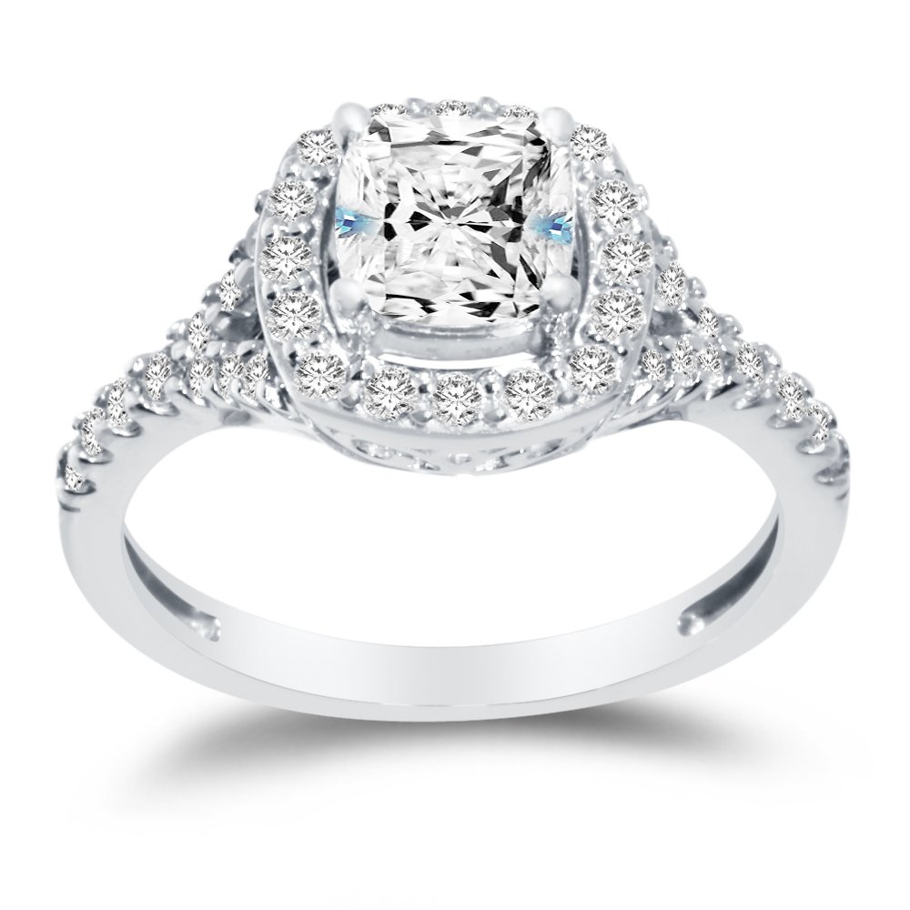 Size - 5.5-14k White Gold Cushion Cut Halo Split Shank Heirloom Solitaire Engagement Ring CZ Cubic Zirconia (2.0cttw., 1.0ct. Center)