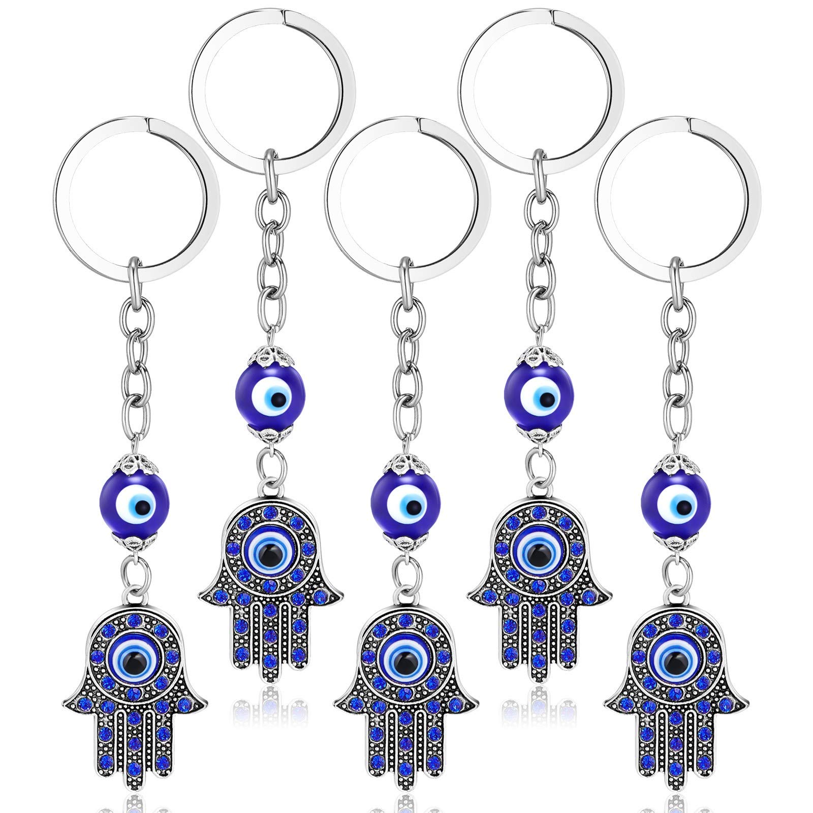 Yaomiao 5 Pieces Hamsa Hand Keychain Evil Eye Silver Keychain Fatima Protection Charms Blue Good Luck Key Holder for Attaching to Keys and Bags