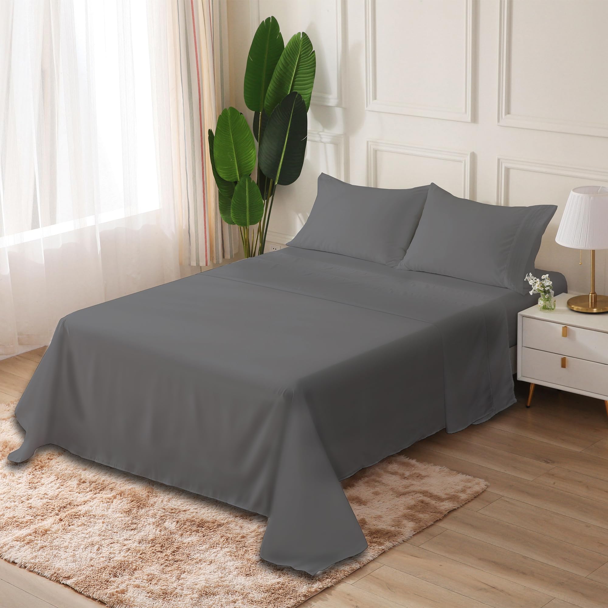 Queen Size Sheet Set Dark Grey Bed Sheet 4 PC Luxury Hotel Set Cooling Deep Fitted Pocket Buffy Sheet Adjustable Soft Beding Breathable Linen Microfiber High Thread Count Easy Care Bedroom Decor