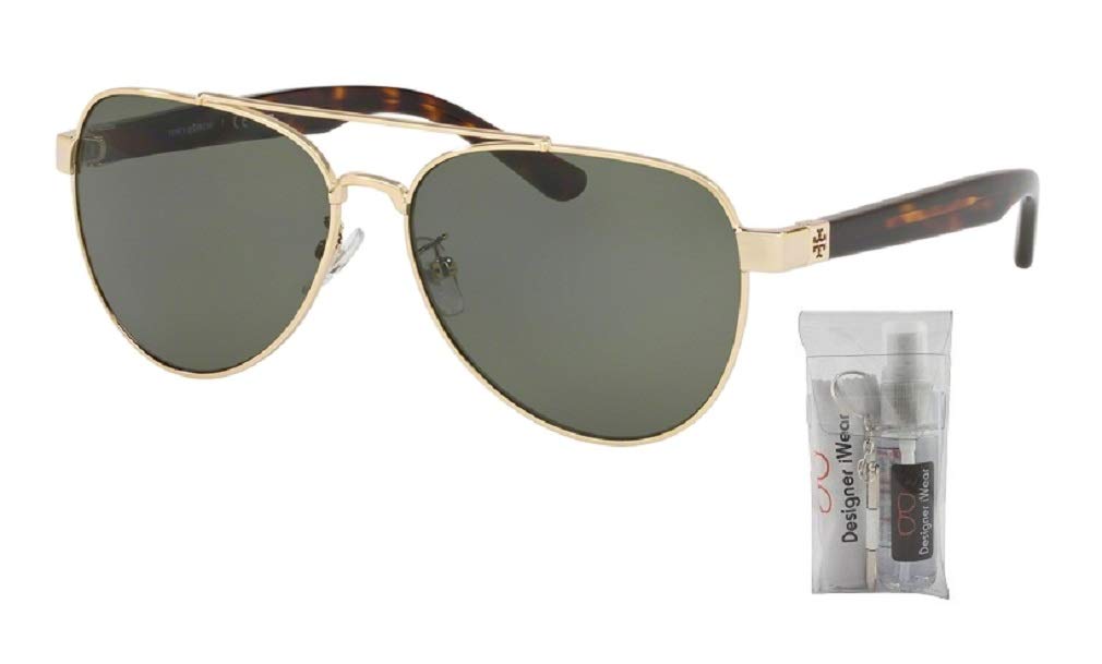 Tory Burch TY6070 32729A 57M Shiny Light Gold Metal/Dark Green Polarized Aviator Sunglasses For Women+ BUNDLE with Designer iWear Eyewear Kit