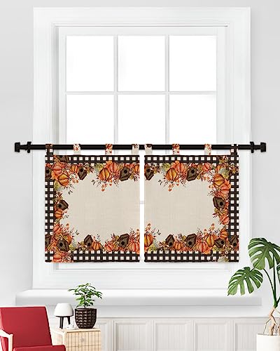 Tab Top Window Curtain,Fall Farm Pumpkin Wood House Thanksgiving Tier Curtains Panels Kitchen Valance 2 Drapes,Buffalo Checker Retro Linen Light Filtering Window Treatment for Bathroom Bedroom Cafe