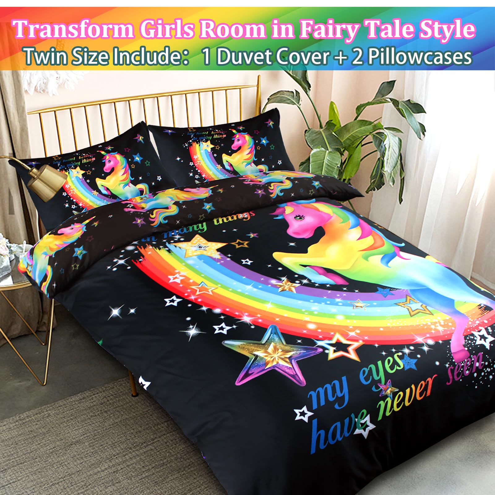 SFJ-CA Unicorn Rainbow Duevt Cover Twin for Girls, Reversibel Double Side Printed, Super Soft Bedding Comforter Cover with 2 Pillowcases, Kids Lovely Starry Unicorn Pattern