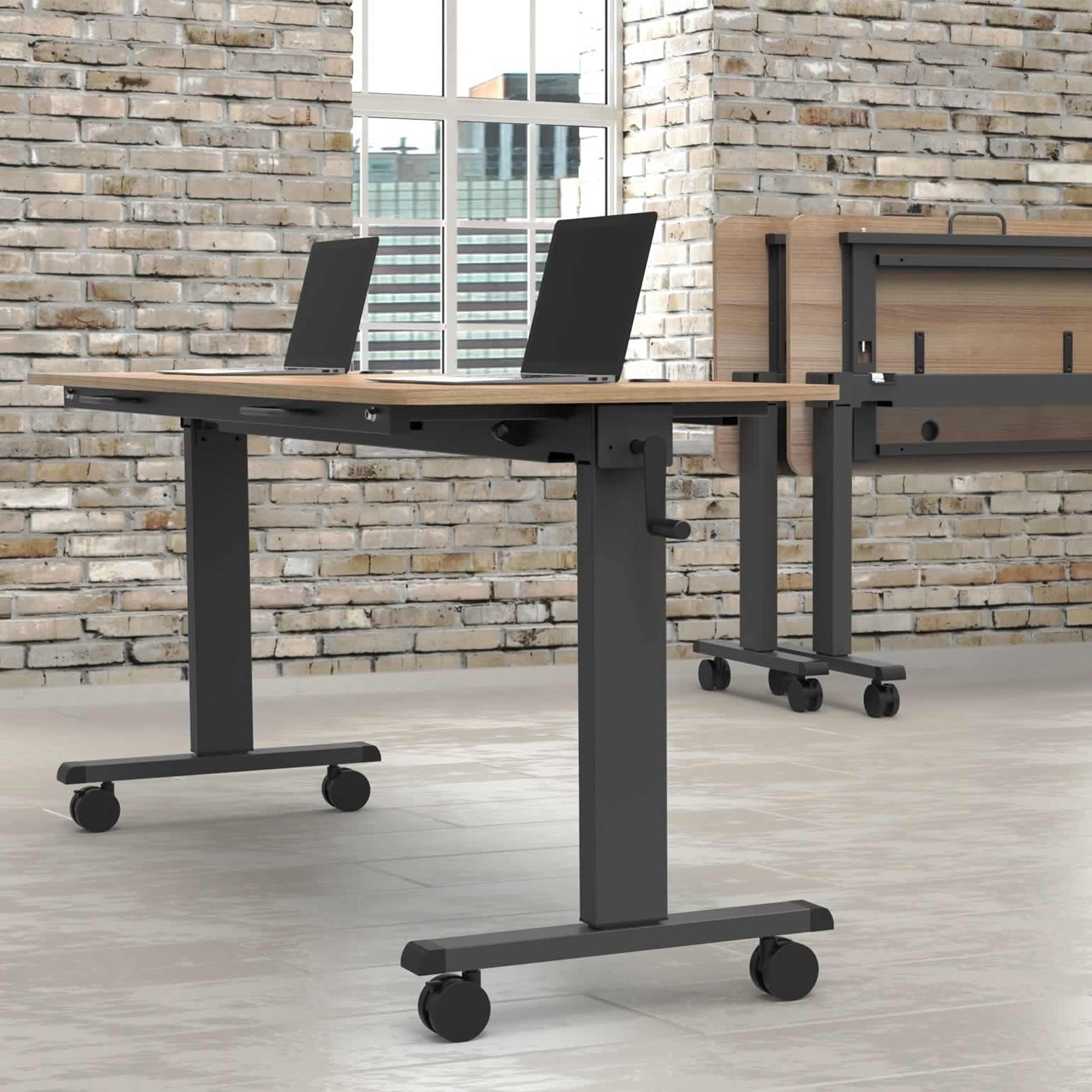 Stand Up Desk Store Crank Adjustable Height Flip Top Rolling Conference Classroom Table (Black Frame/Natural Walnut Top, 60" Wide)