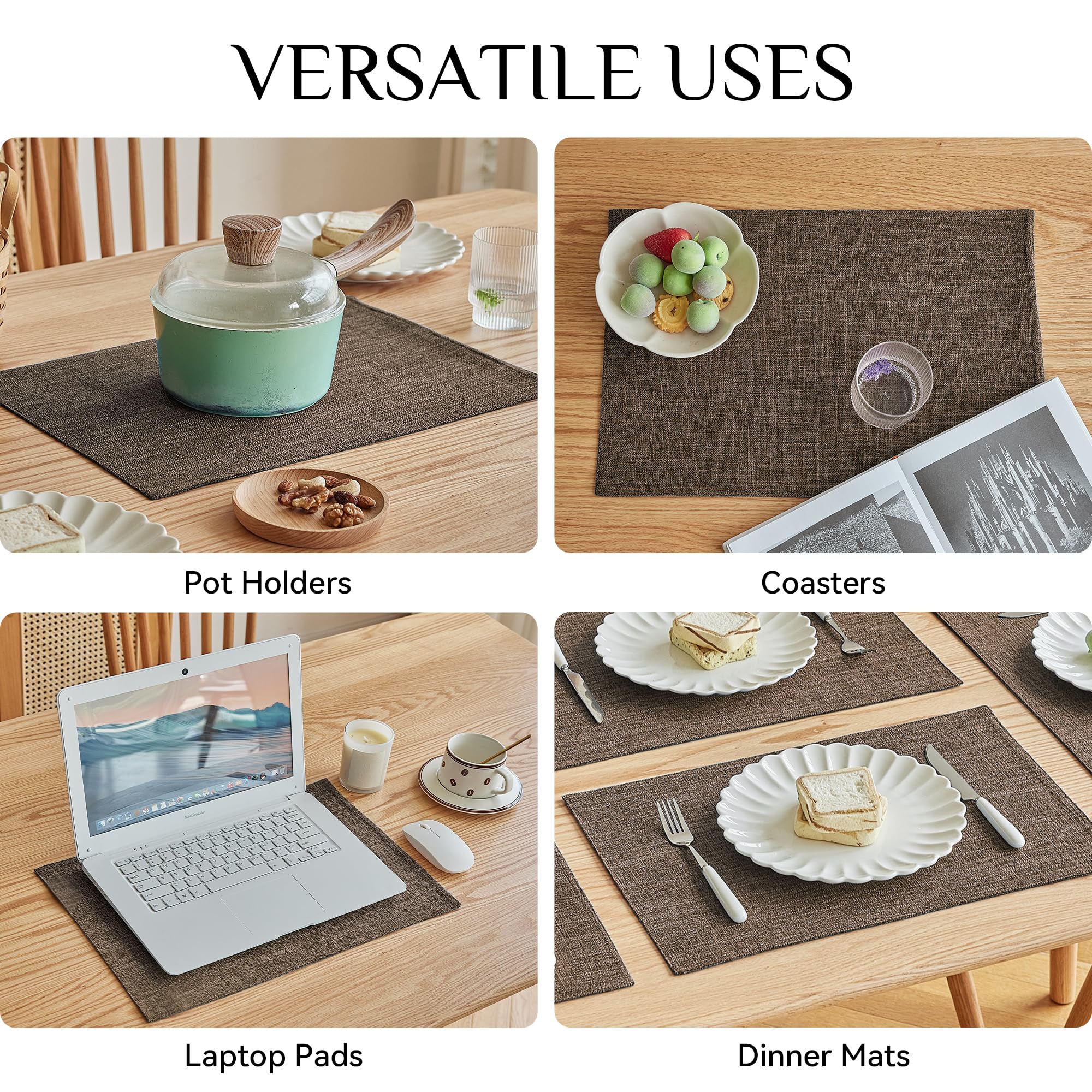 Softalker Faux Linen Placemats Set of 6-12 x 18 Inch, Heat Resistant Double Layered Durable Burlap Farmhouse Place Mats, Non-Slip Washable Rustic Table Mats for Dining, Kitchen, Party(Brown