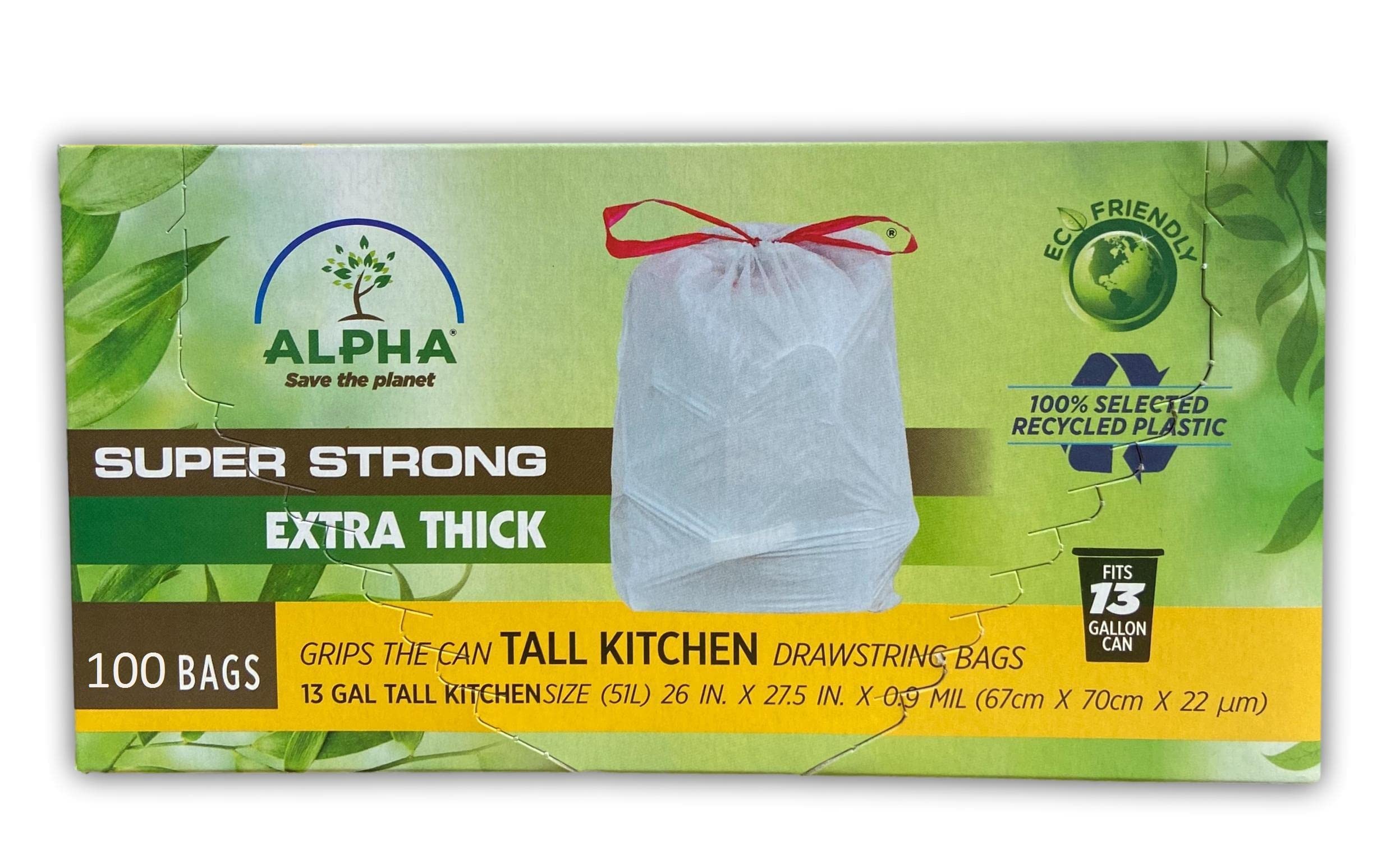 Tall Kitchen Drawstring 13 Gallons Trash Bags Extra Thick Super Strong, Eco Friendly Made By0 Recycled Material (100)