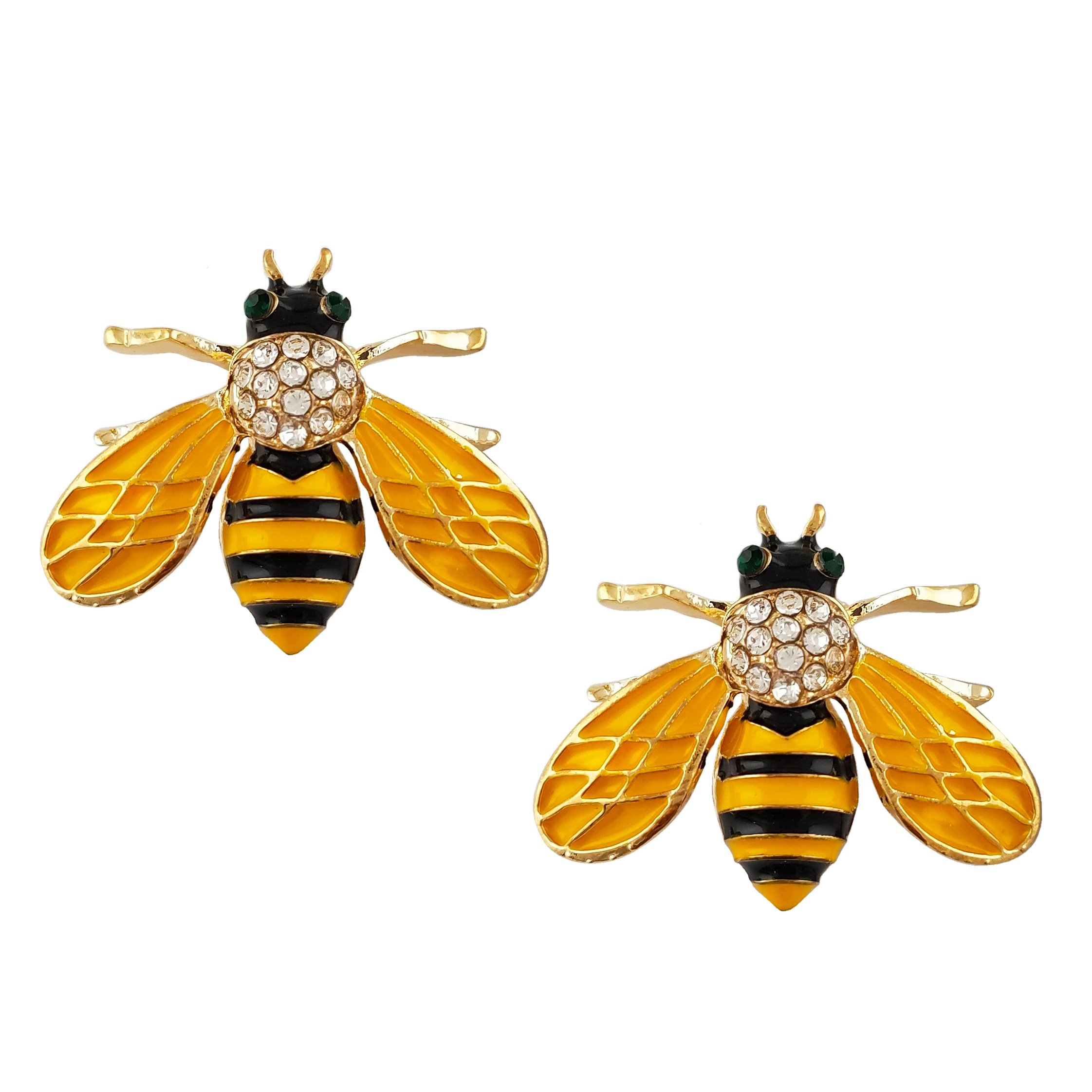 SELOVO Honeybee Bee Yellow Enamel Small Brooch Pin Set 2 Pcs Gold Tone Crystal