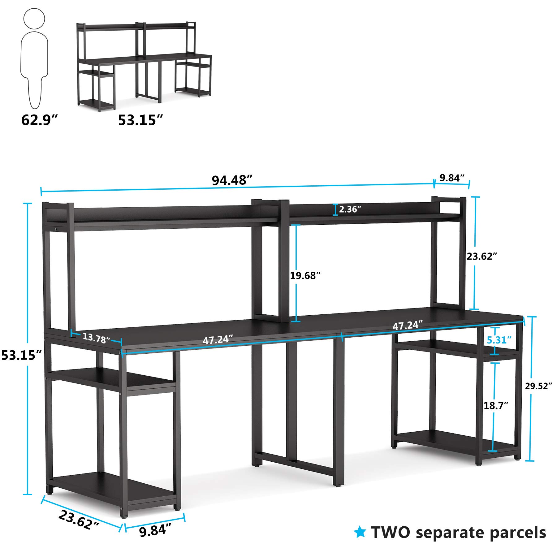 Tribesigns 94.5 inches Computer Desk with Hutch, Extra Long Two Person Desk with Storage Shelves, Double Workstation Office Desk Table Study Writing Desk for Home Office,Black