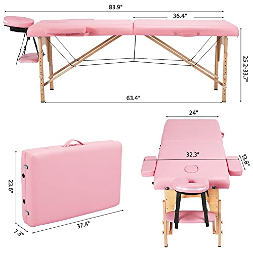 Yaheetech Spa Bed Portable Lash Bed Massage Bed Foldable Spa Tables Adjustable 2 Fold with Non-Woven Bag, Pink