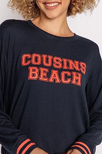 The Summer I Turned Pretty Women's P.J. Salvage Embroidery Print Top & Bottom Pant Matching Sweatshirt Pajama Set, Navy