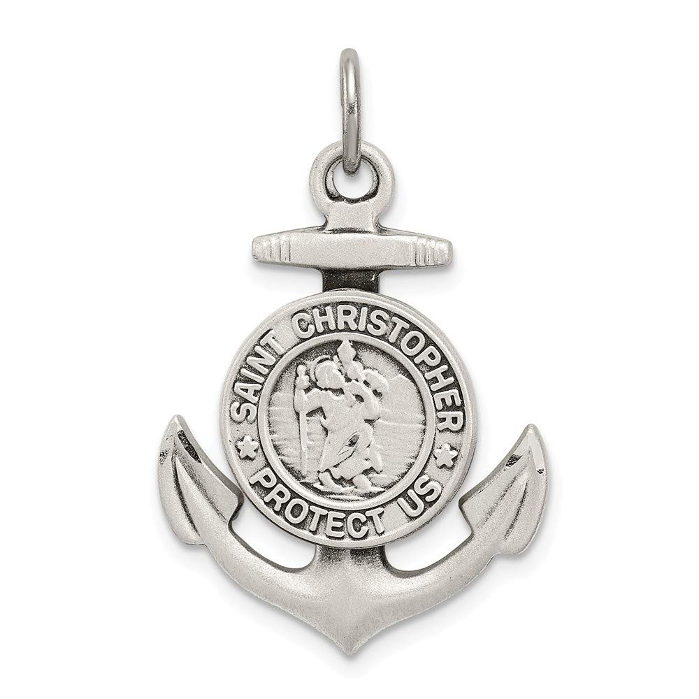 Solid 925 Sterling Silver Vintage Antiqued St Saint Christopher Anchor Medal Brushed Matte Finish Pendant Charm - 33mm x 20mm
