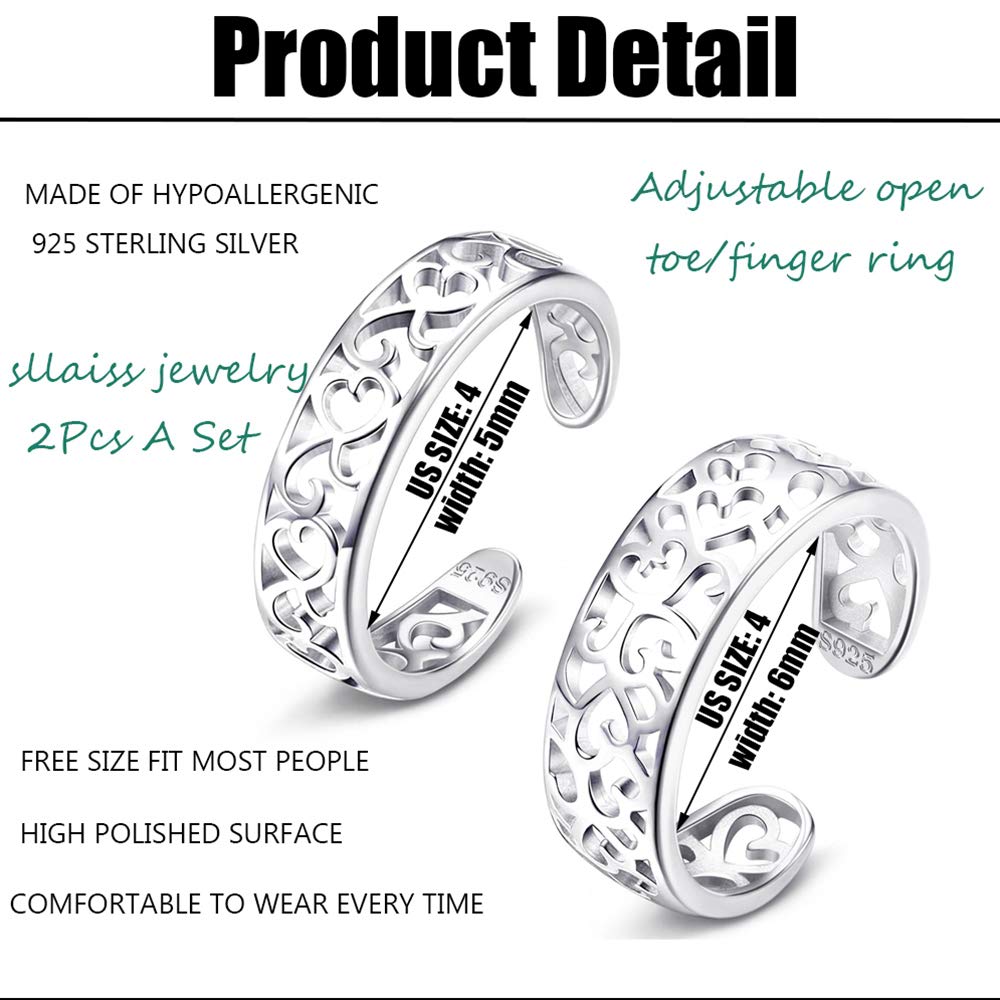 Sllaiss 2Pcs Sterling Silver Adjustable Toe Ring for Women Men Minimalist Open Finger Pinky Ring Set White Gold Plated Knuckle Ring Jewelry (Silver)