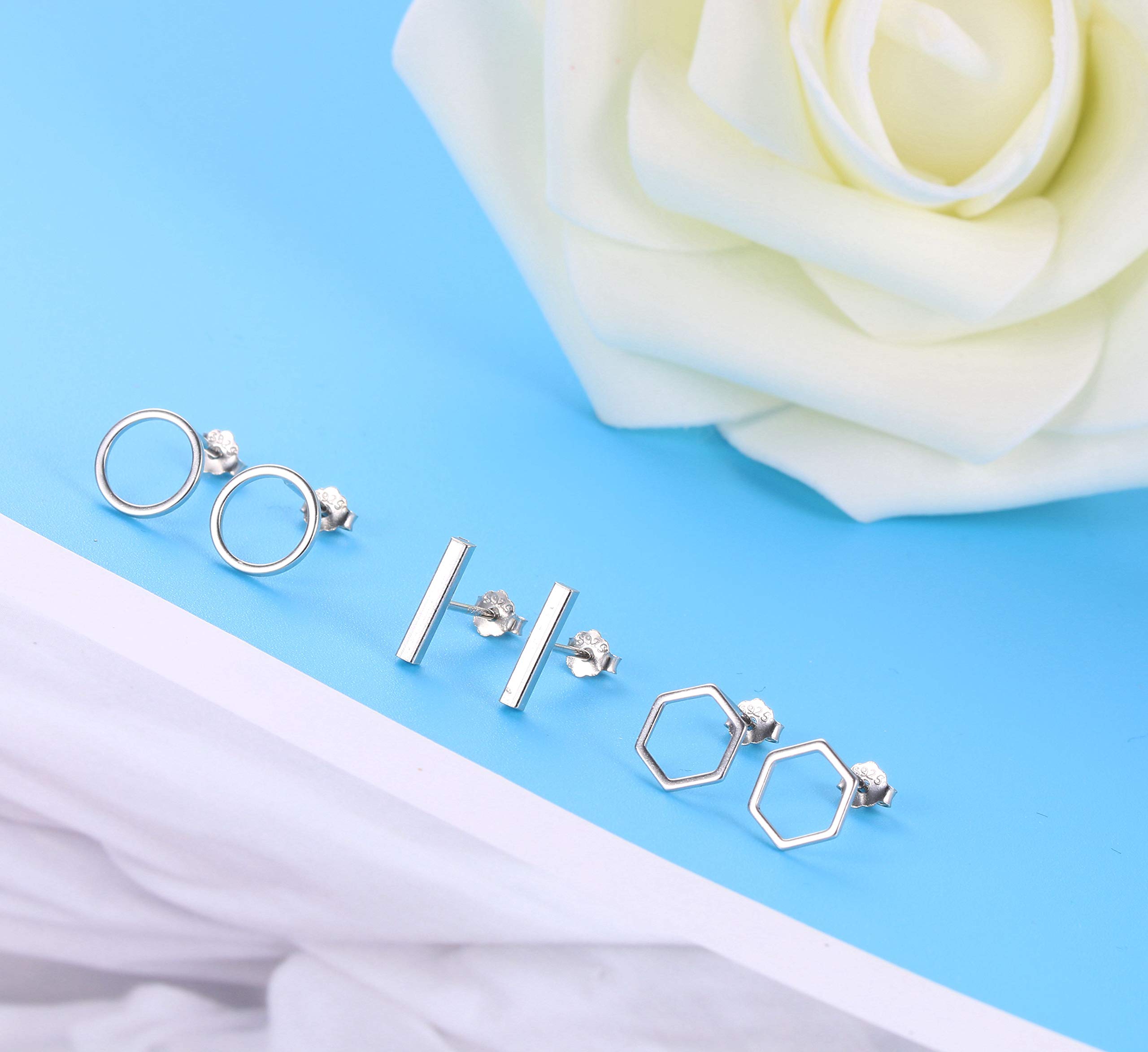Sllaiss 3 Pairs 925 Sterling Silver Stud Earrings Set Bar Earrings Different Shapes