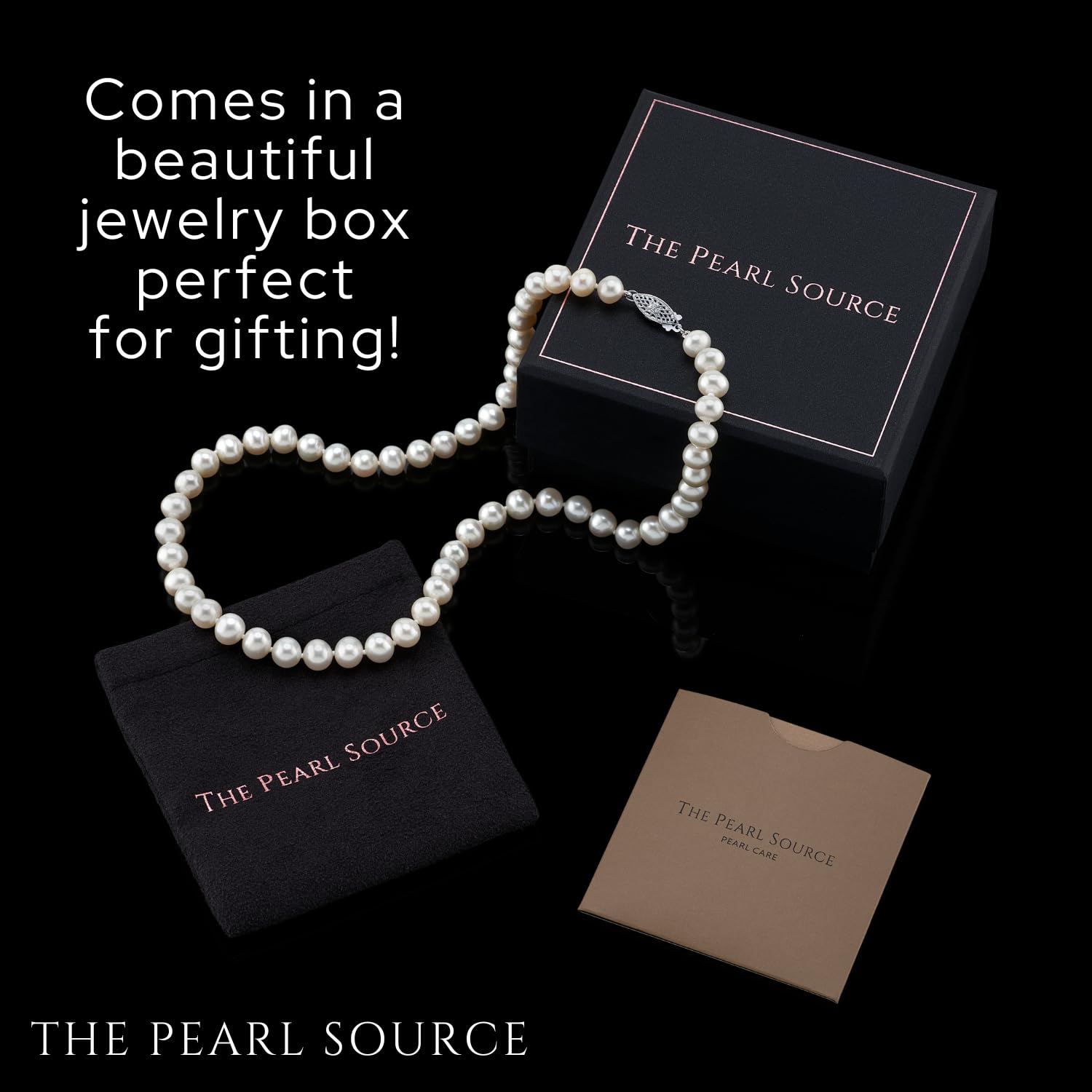 The Pearl Source Real Pearl Necklace for Women with AAA+ Quality Round White Freshwater Genuine Cultured Pearls | 14K Gold Clasp White Gold