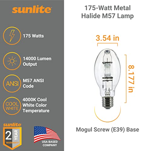 Sunlite MH400/U/MOG M59 Metal Halide Lamp, 400 Watts, Mogul Base (E39), ED37, 12,000 Hour Life Span, 36000 Lumen, Clear Finish, 4000K, 2 Pack