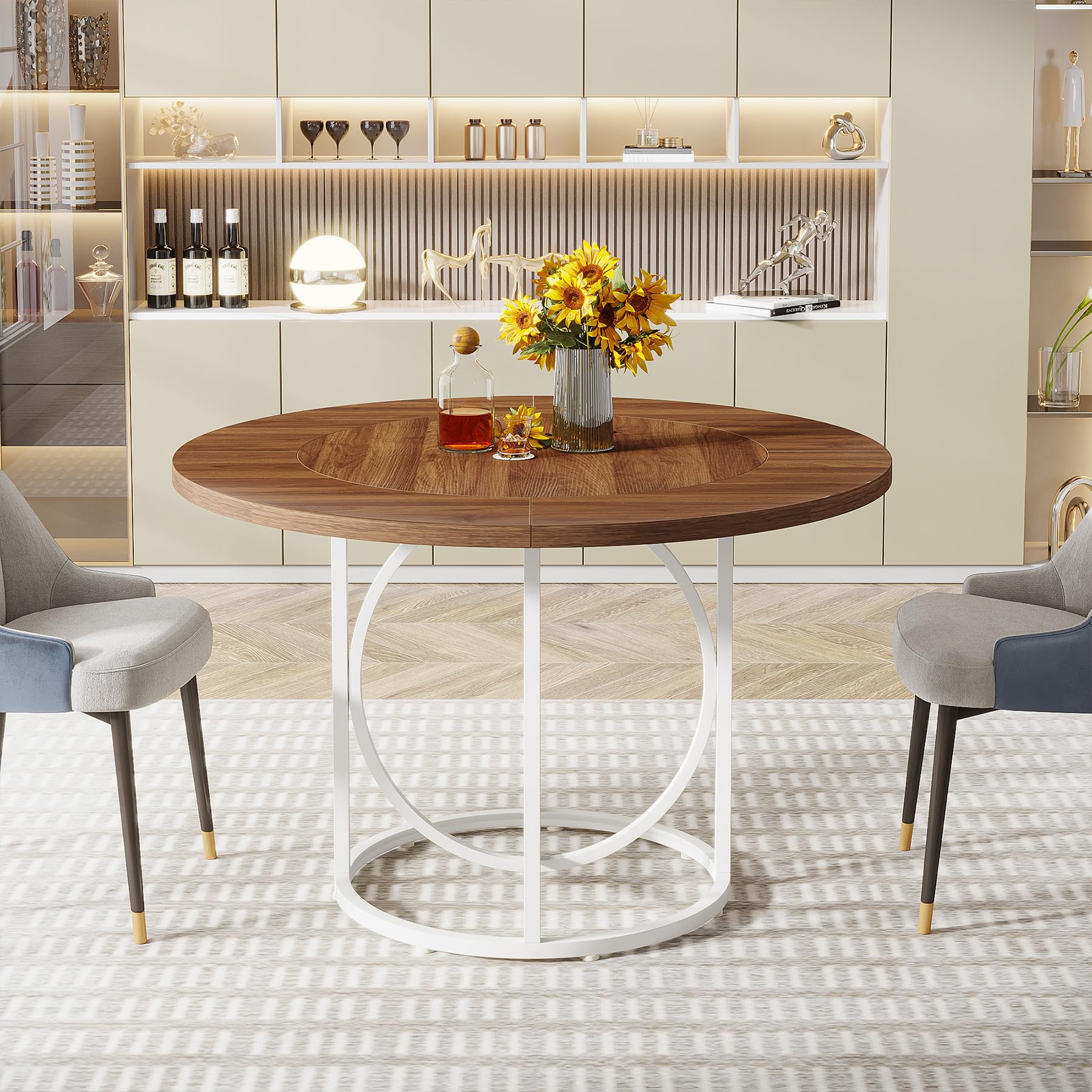 Tribesigns Modern Round Dining Table for 4-6, 47 Inch Brown Kitchen Table with White Base, Wood Dinner Table Coffee Table for Home Dining Room, Kitchen, Living Room, Apartment, Cafe’