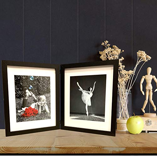 Tasse Verre 11x14 Black Folding Picture Frames With 8x10 Mats and HIGH DEFINITION GLASS - Displays Two Collage Pictures, Double Hinged Photo Frame Stands Vertically on Desktop