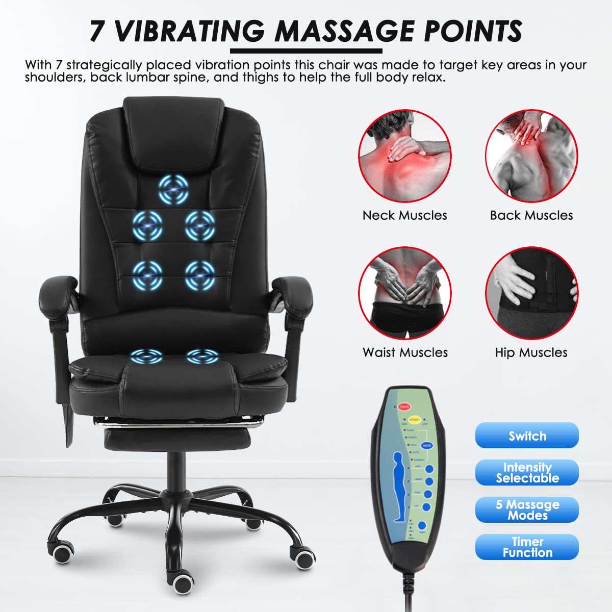 VANSPACE Executive Massage Office Chair with Footrest Reclining Home Office Chair Soft Leather High Back Computer Desk Chair with Lumbar Support Adjustable Armrest Black
