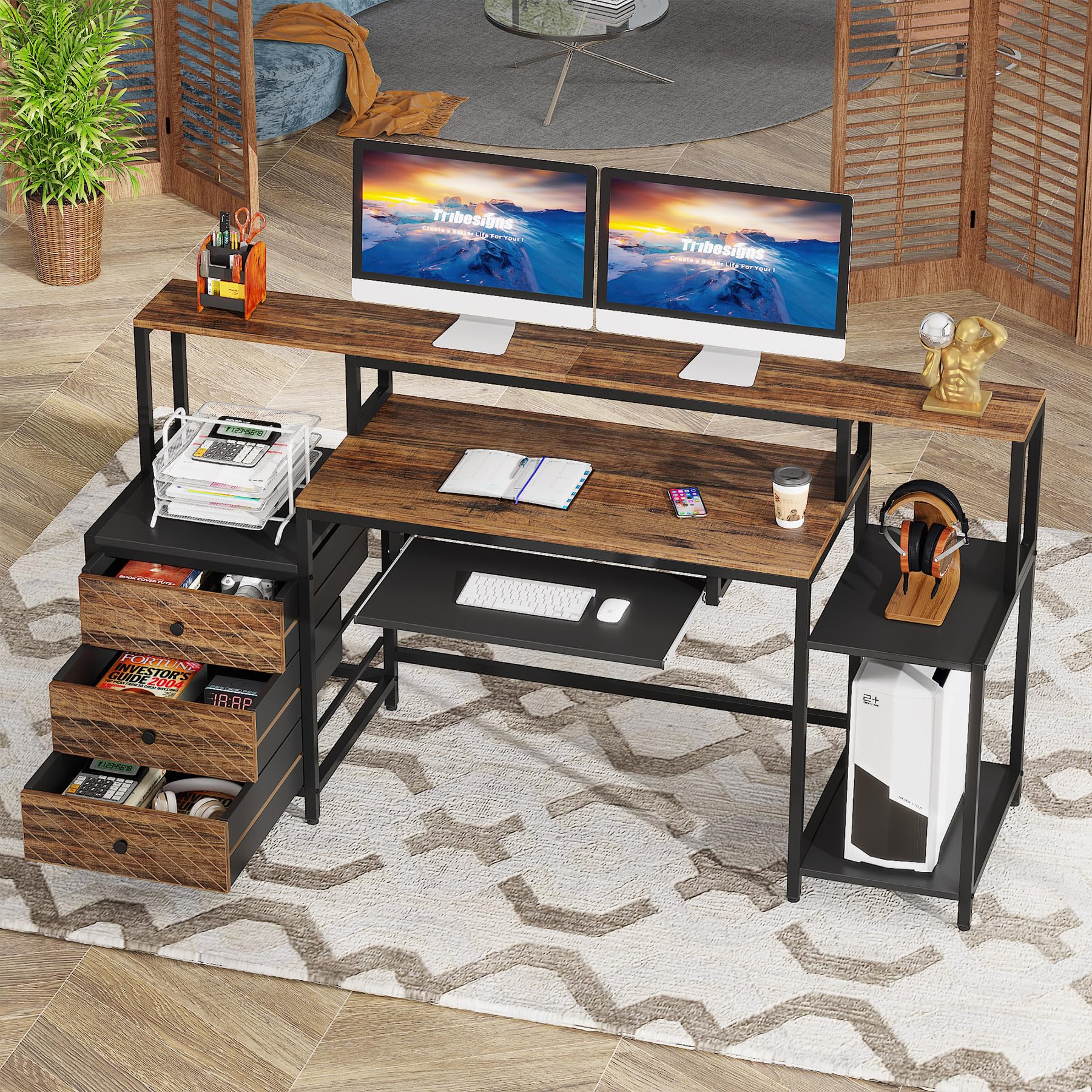 Tribesigns Computer Desk with 3 Drawers, 63 inch Home Office Desk with Monitor Shelf, Industrial Reversible Long PC Gaming Desk with Keyboard Tray, Study Writing Table Workstation, Gray