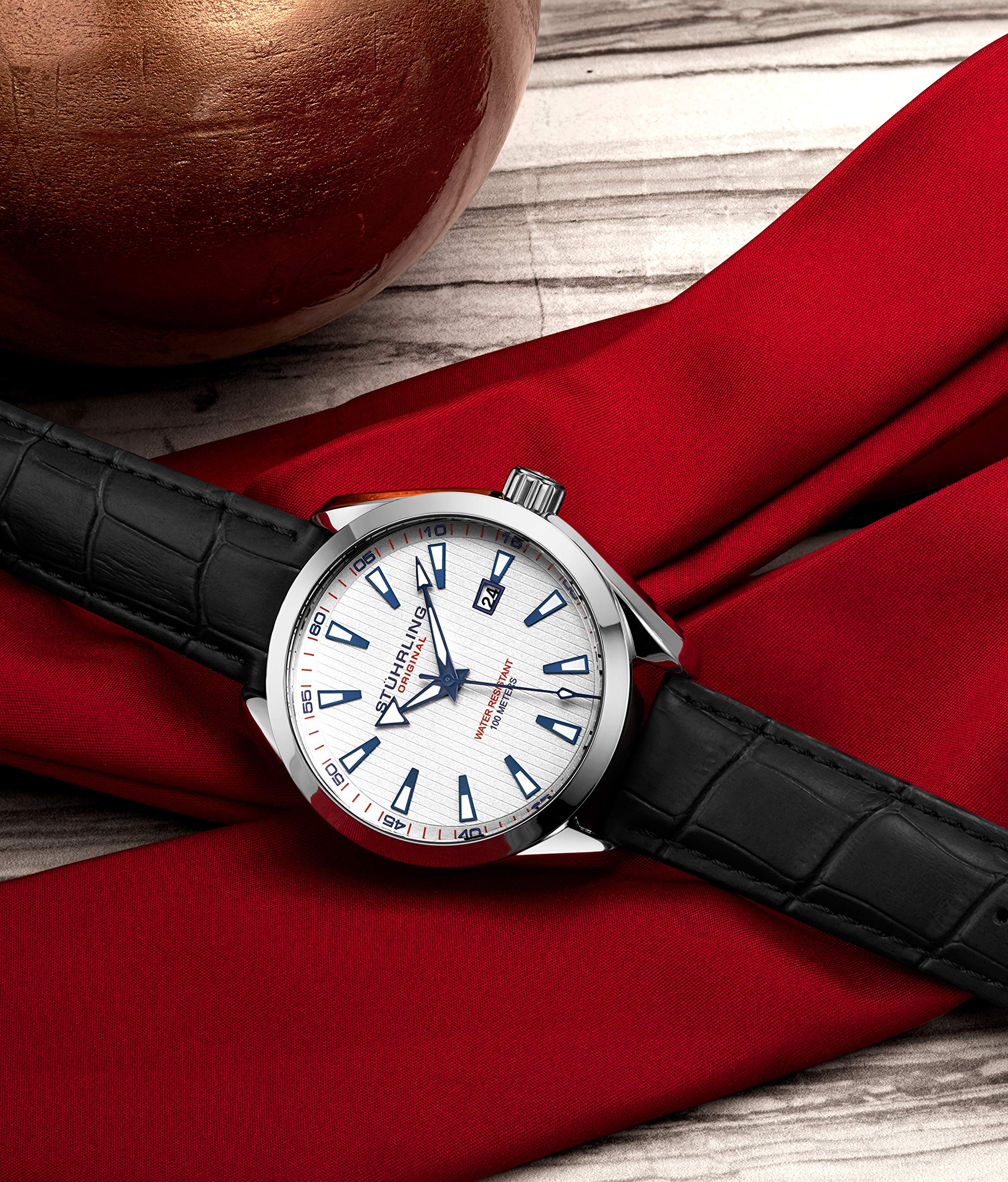 Stuhrling Original Mens Wrist Watch White Analog Dial with Date - Stainless Steel Silver Bracelet, 3953 Luxury Watches for Men Collection