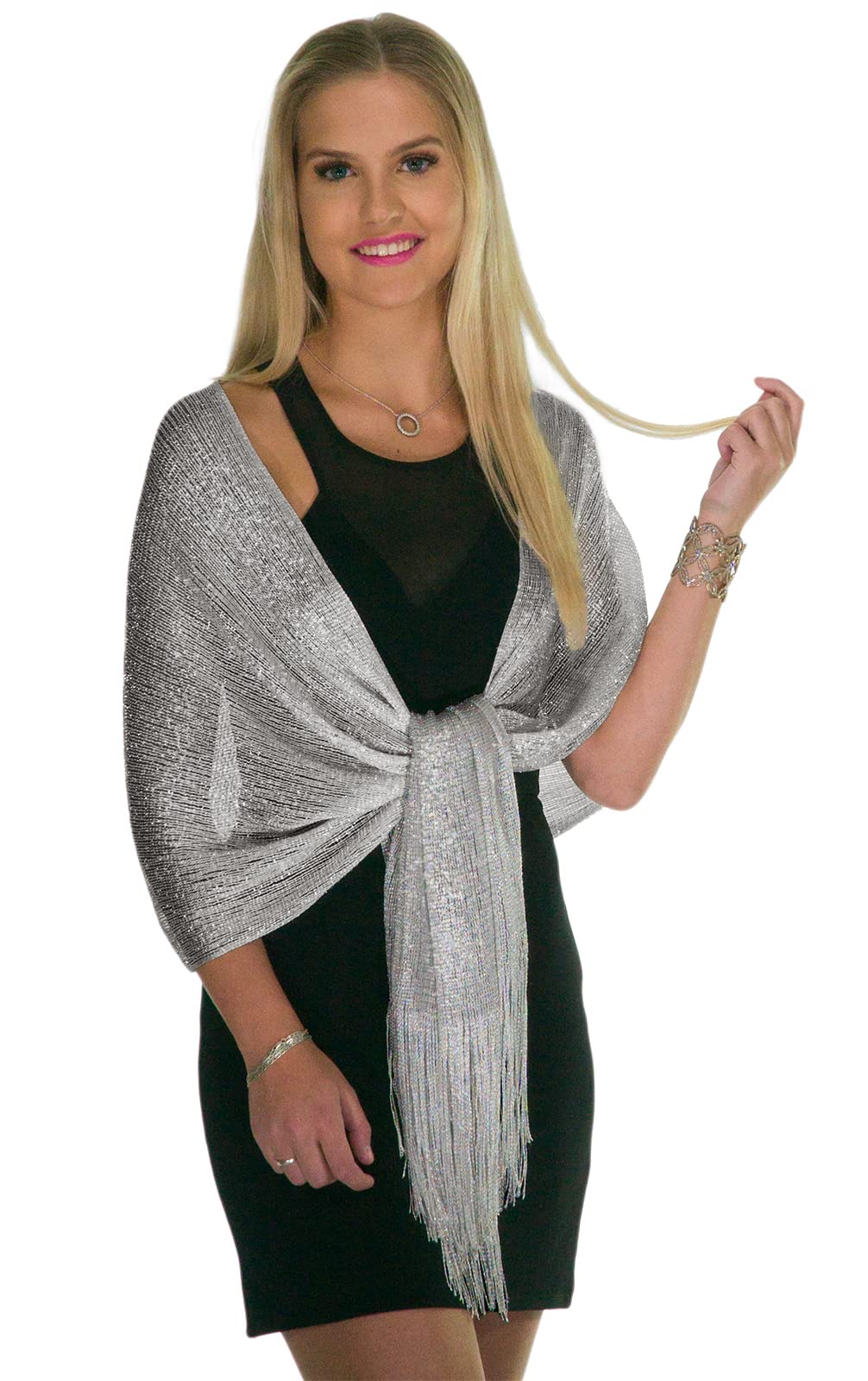 ShineGlitz Shawls and Wraps for Evening Dresses, Metallic Glitter Shawls for Women, Sparkling Wedding Metallic Silver Shawl Gift
