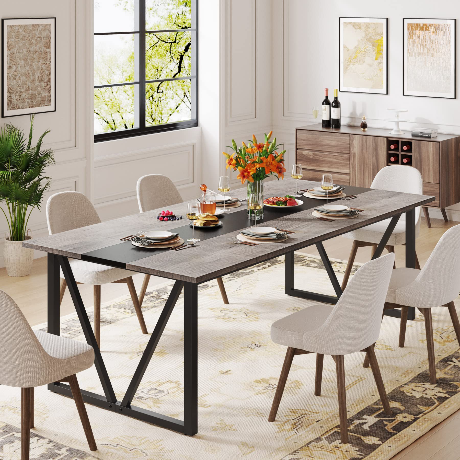 Tribesigns Dining Table for 6-8 People, 70.8 inch Industrial Large Kitchen Table with Heavy Duty Metal Frame, Rectangle Wood Dining Room Table for Kitchen, Living Room, Grey & Black