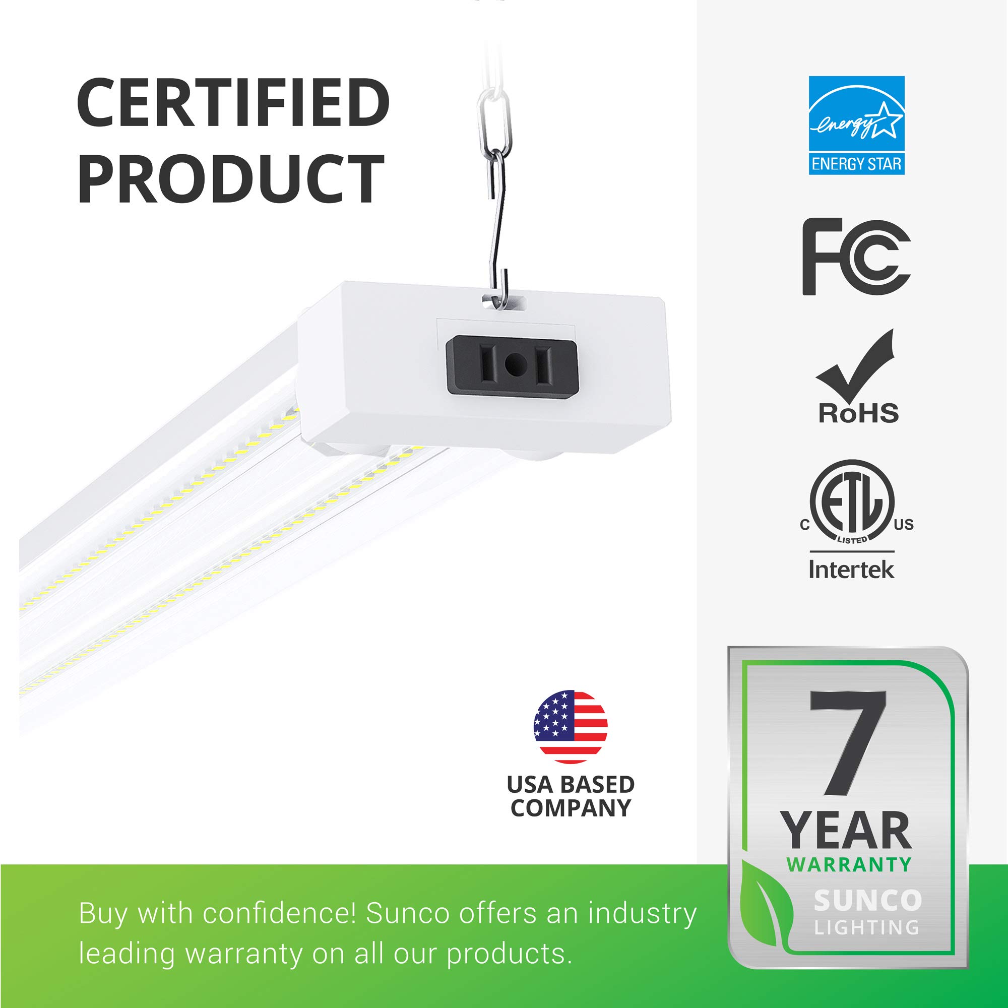 Sunco Lighting 10 Pack Shop Lights LED 4ft Plug in Linkable Garage Fixture, 4500 LM, Link Up to 4, 5FT Power Cable, Surface or Suspension Mount, 40W, 5000K Matte, White Utility 48 Inch Frosted ETL