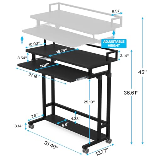 Tribesigns Rolling Computer Desk, Adjustable Height Couch Sofa Table with Pull Out Keyboard Tray for Laptop, Mobile Portable Standing Desk Bed Computer Cart for Small Space (Black)