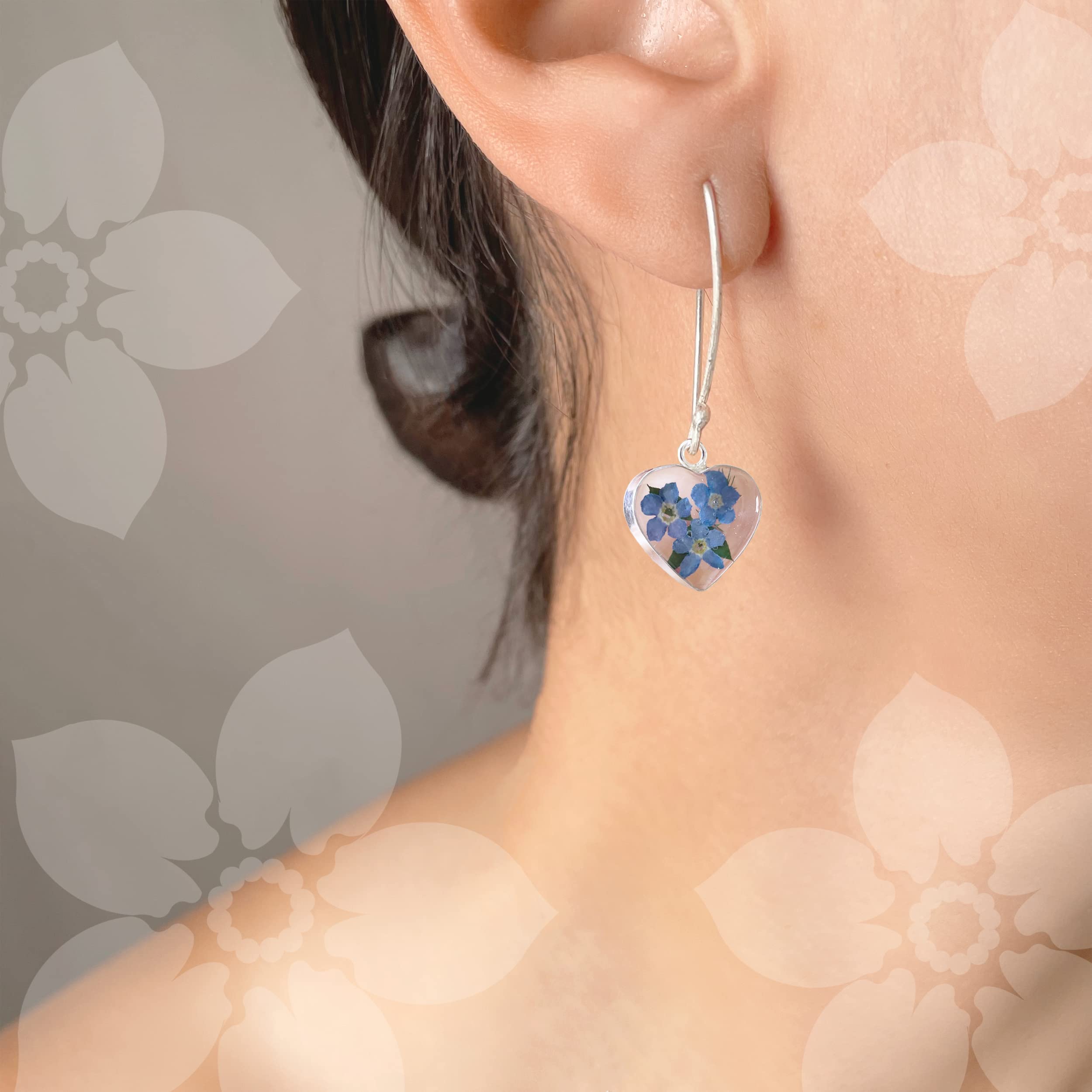 TAMI Silver Earrings with Real Blue Forgetmenot and 18, Heart Pressed Flower Jewelry