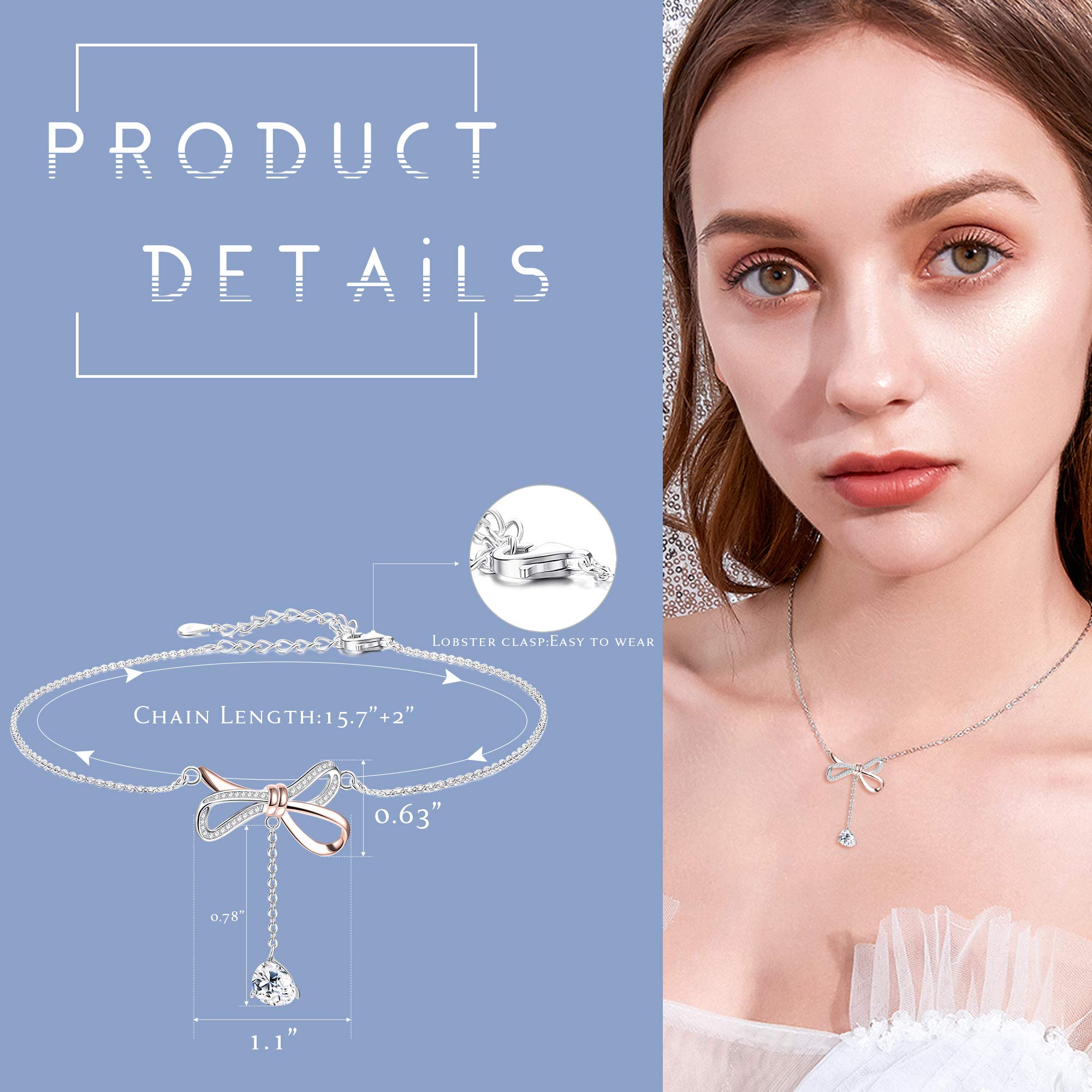 Sllaiss Sterling Silver Bow Necklace Made with Austrian Crystals Pendant Gift for Women Rose Gold 16" with 2" Extender Adjustable