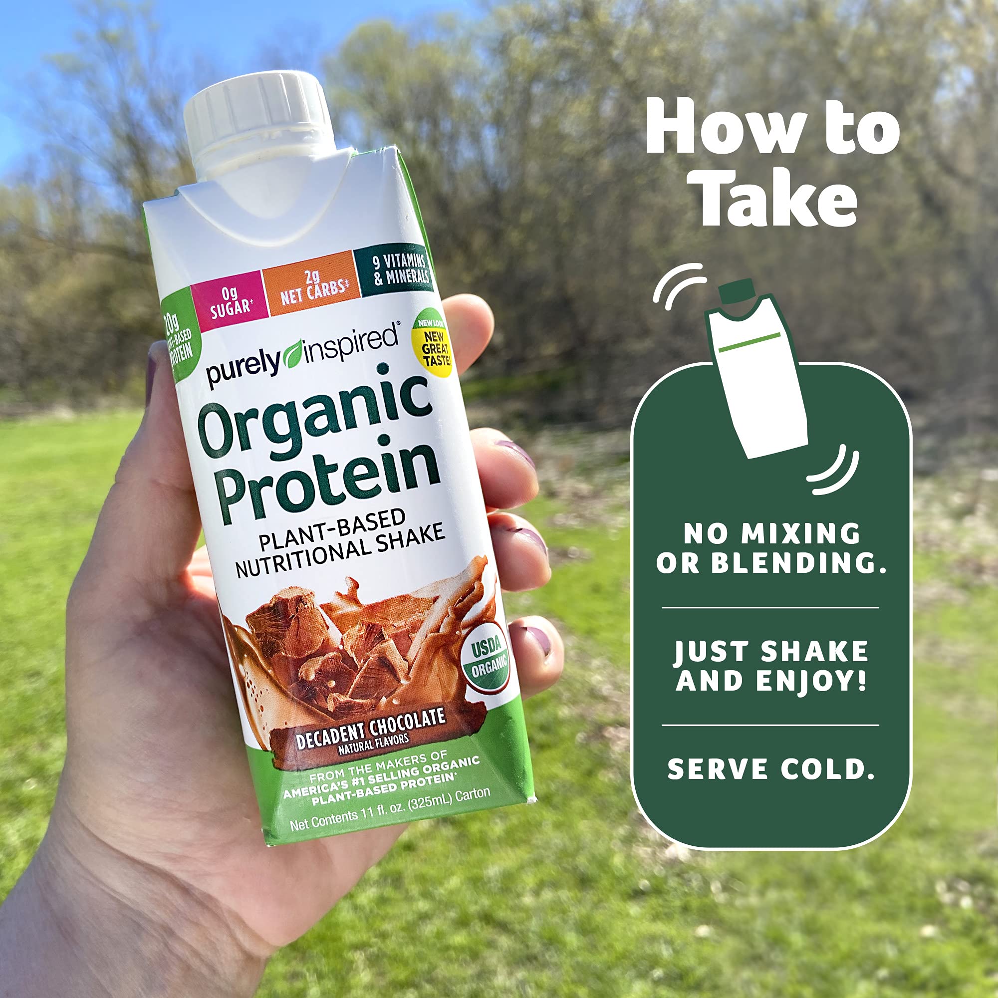 Purely Inspired Ready to Drink Organic Protein Shake, Decadent Chocolate (12 Pack) - Plant-Based RTD Nutritional Protein Drinks - Zero-Sugar & Gluten-Free Meal Replacement Drink Liquid Protein