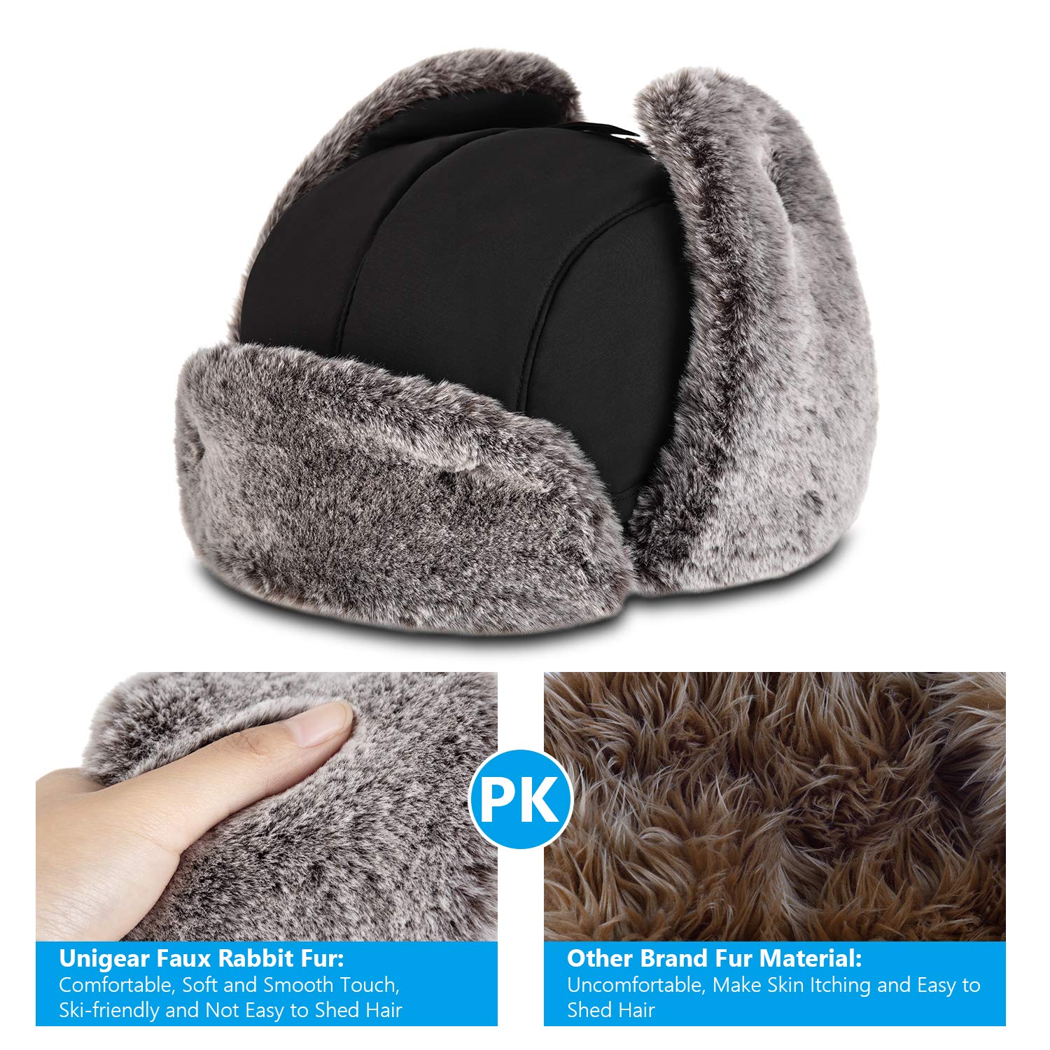 Unigear Winter Trapper Hat for Men Women, Faux Fur Ushanka Trooper Hat for Hunting Skiing with Detachable Face Mask Black