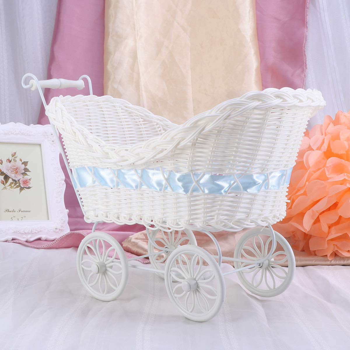 Tricycle Stroller Wicker Stroller Baby Shower Wedding Centerpiece Stroller Party Favors (Blue) Rattan Decor