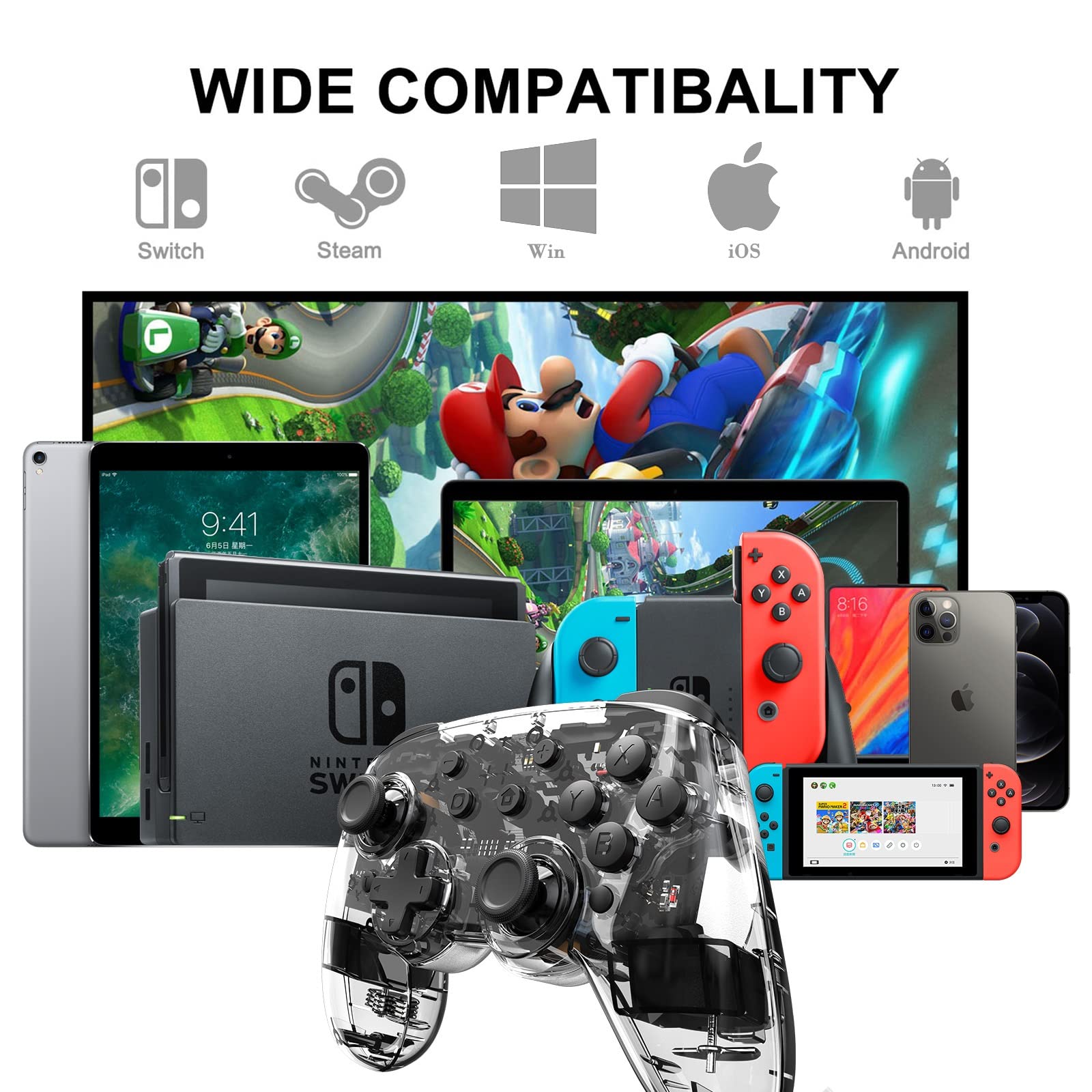 TJPD Transparent Pro controller for Switch, Colorful LED Light Design, wireless Gamepad with 2 programmable back buttons/Turbo/6-Axis Gyro/One-click reconnection/Adjustable vibration (Transparent)