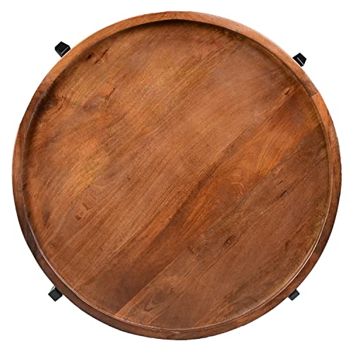 The Urban Port 30-Inch Industrial Round Acacia Wood Tray Coffee Table with Flared Metal Legs