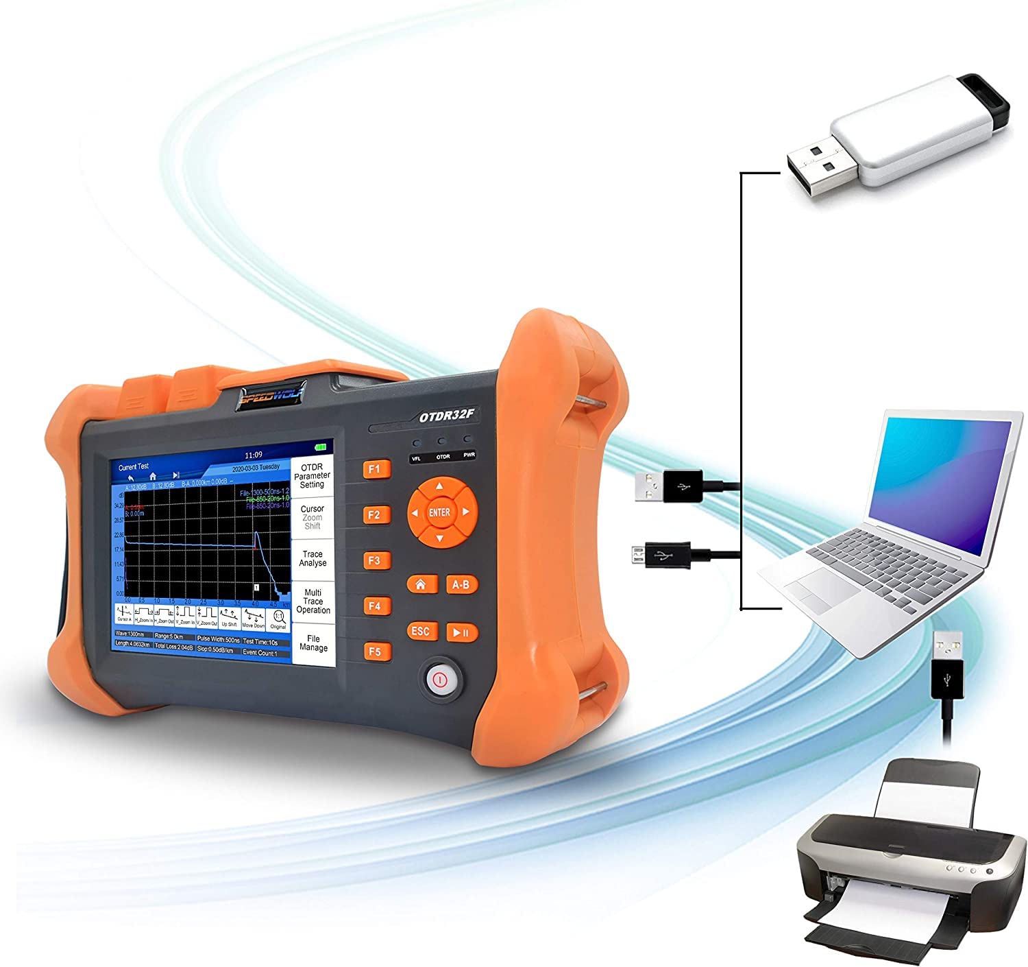 SPEEDWOLF 850/1300nm 24/22dB Multimode OTDR 5.6inch Touch Screen FTTH Fiber Optic Cable Tester with Visual Fault Locator(VFL) and FC+SC+FC/UPC(Male)-LC(UPC+APC)(Female) Adapter(OTDR32F-T1-MD-1)