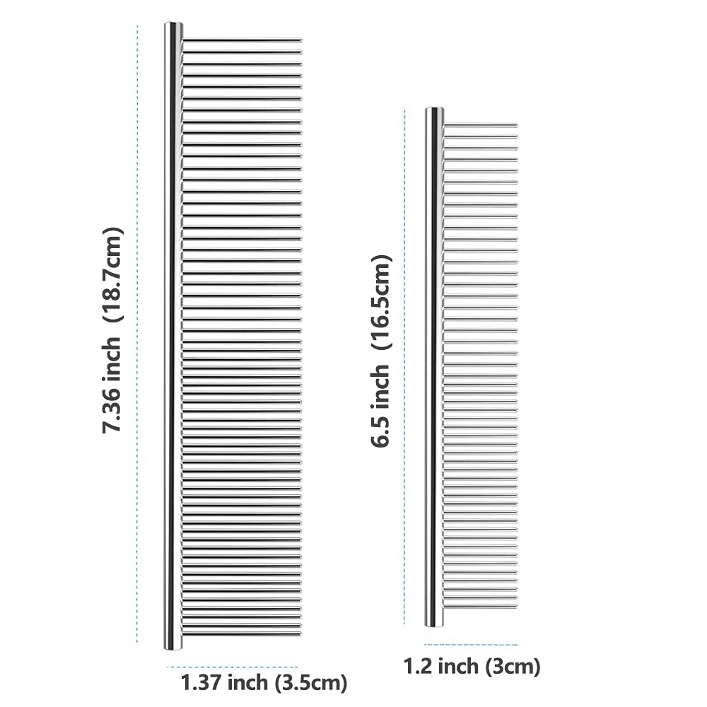 TanDraji Dog Combs for Grooming, 2 Pack Metal Dog Comb with Rounded Teeth, Stainless Steel Cat Comb for Removing Tangles and Knots for Dogs and Cats