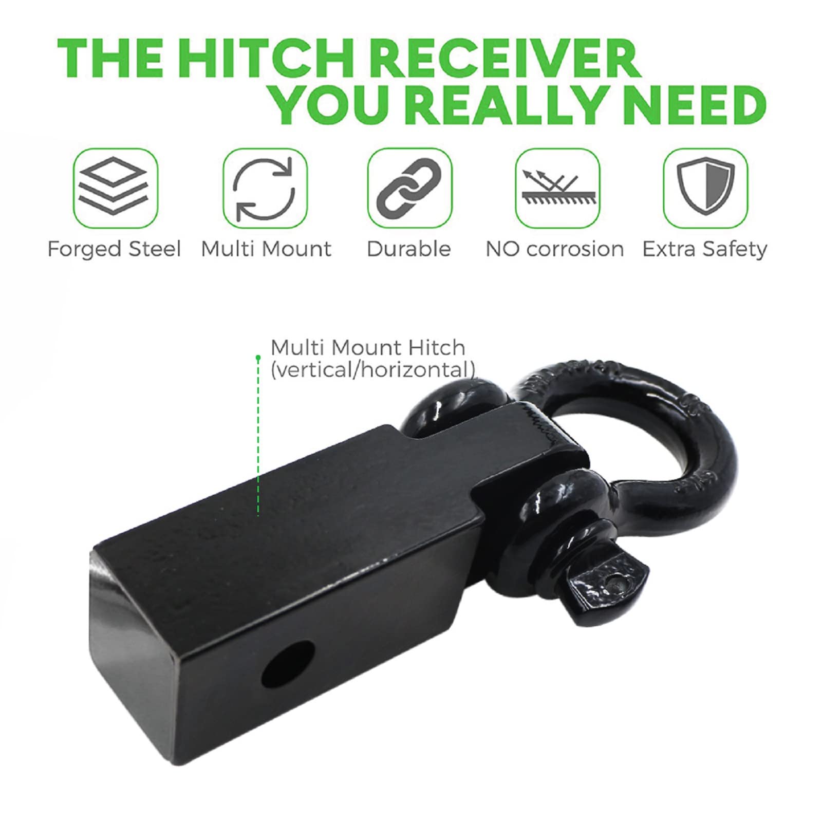 Shackle Hitch Never Rust Receiver, Best Towing Accessories Replacement for Jeeps & Trucks, 42,108 lbs Max Capacity, 2β Receivers, Shackle Bracket Heavy Duty and Solid with 3/4'' D Ring Shackle!