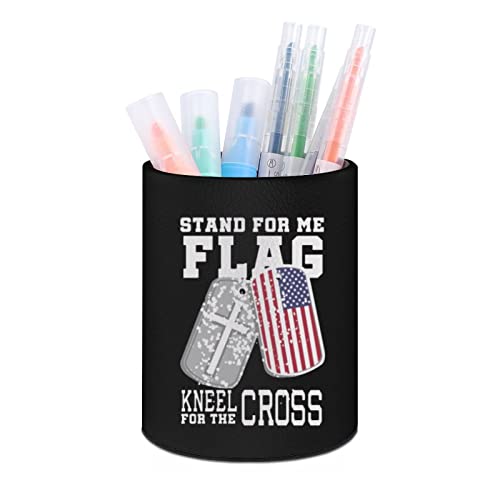 Stand for Me Kneel for Cross US Patriot Pen Holder PU Leather Pencil Cup Cute Desk Organizer Makeup Brush Box for Home Office