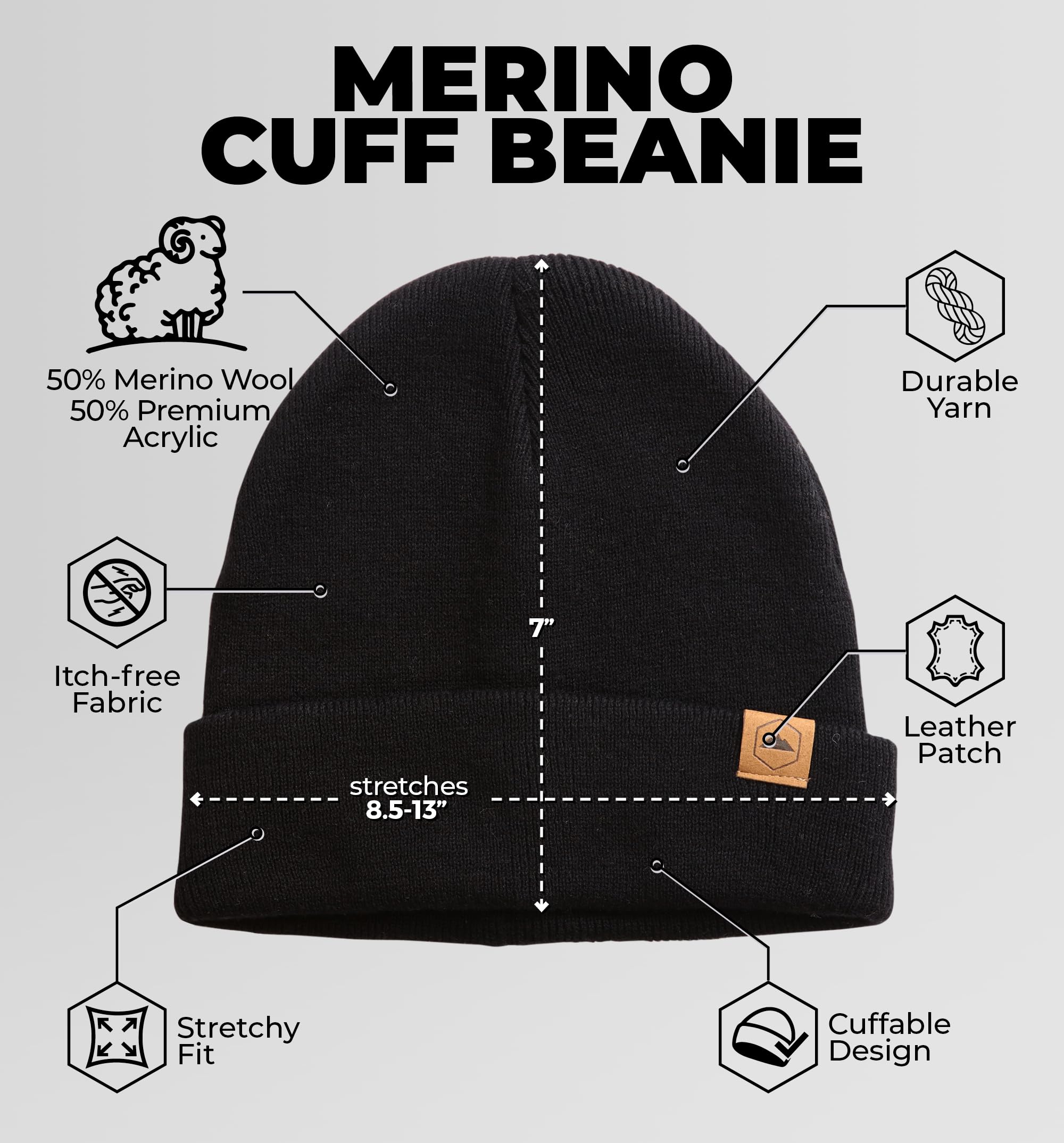 Tough Headwear Merino Wool Beanie for Men - Womens Wool Hat - Beanie Hats - Tobboggan Hat - Mens Winter Hat for The Cold